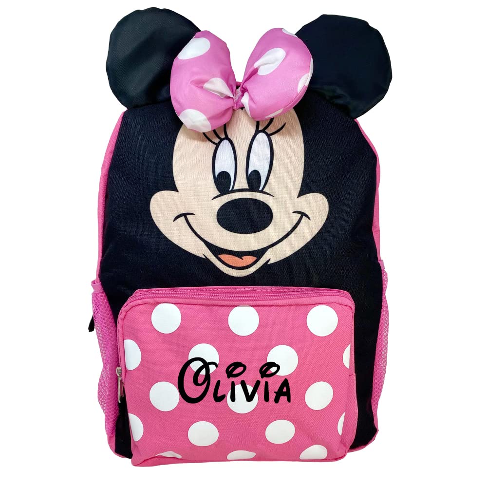 Personalized Minnie Mouse Face with Minnie Bow Pink with White Polka Dots Back to School or Travel Book Bag Backpack - 16 inches