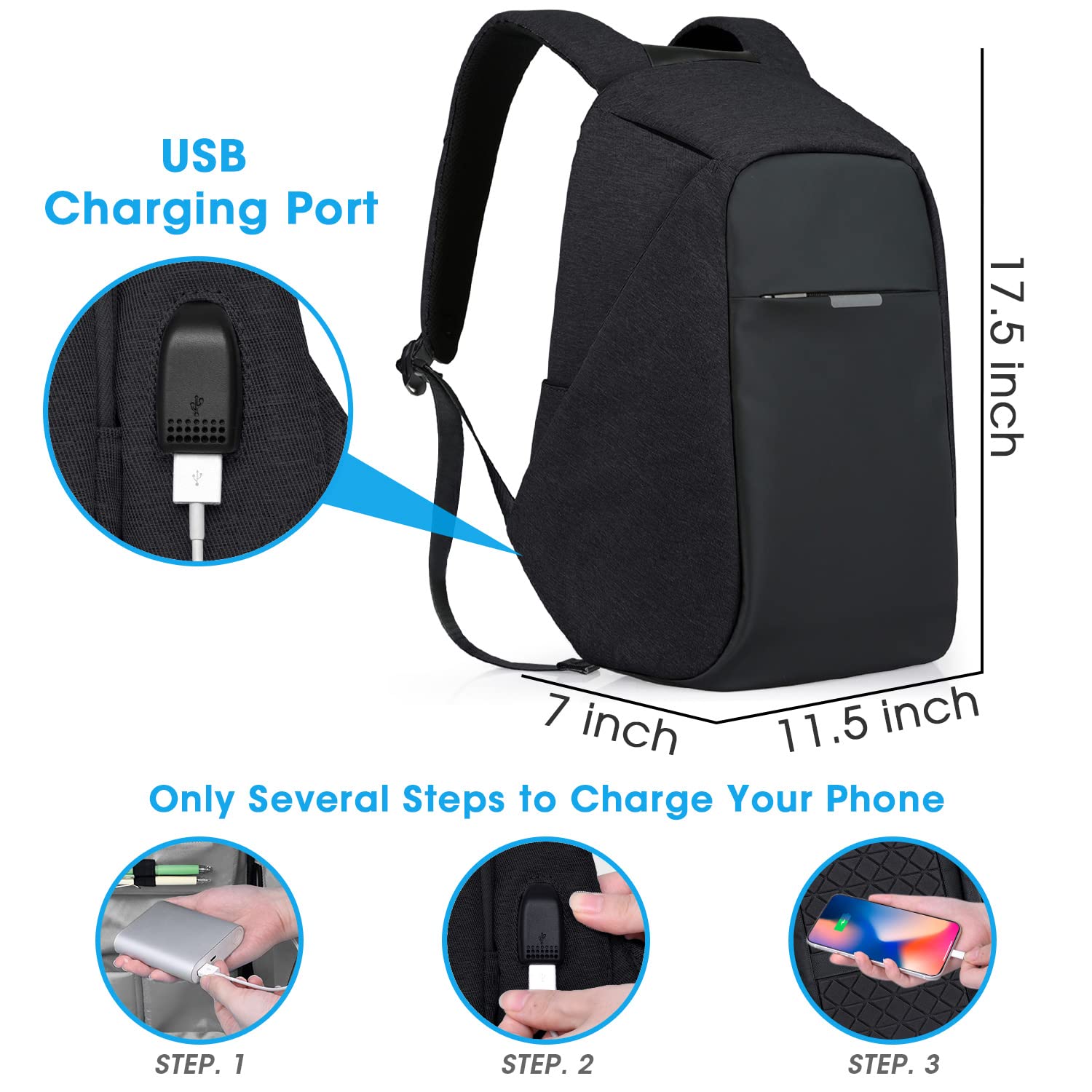oscaurt Laptop Backpack, Theftproof Travel Backpack, Hidden Zipper Bag with USB Charging Port, Water Resistant Business Back Pack for Student Work Men & Women New Version Black
