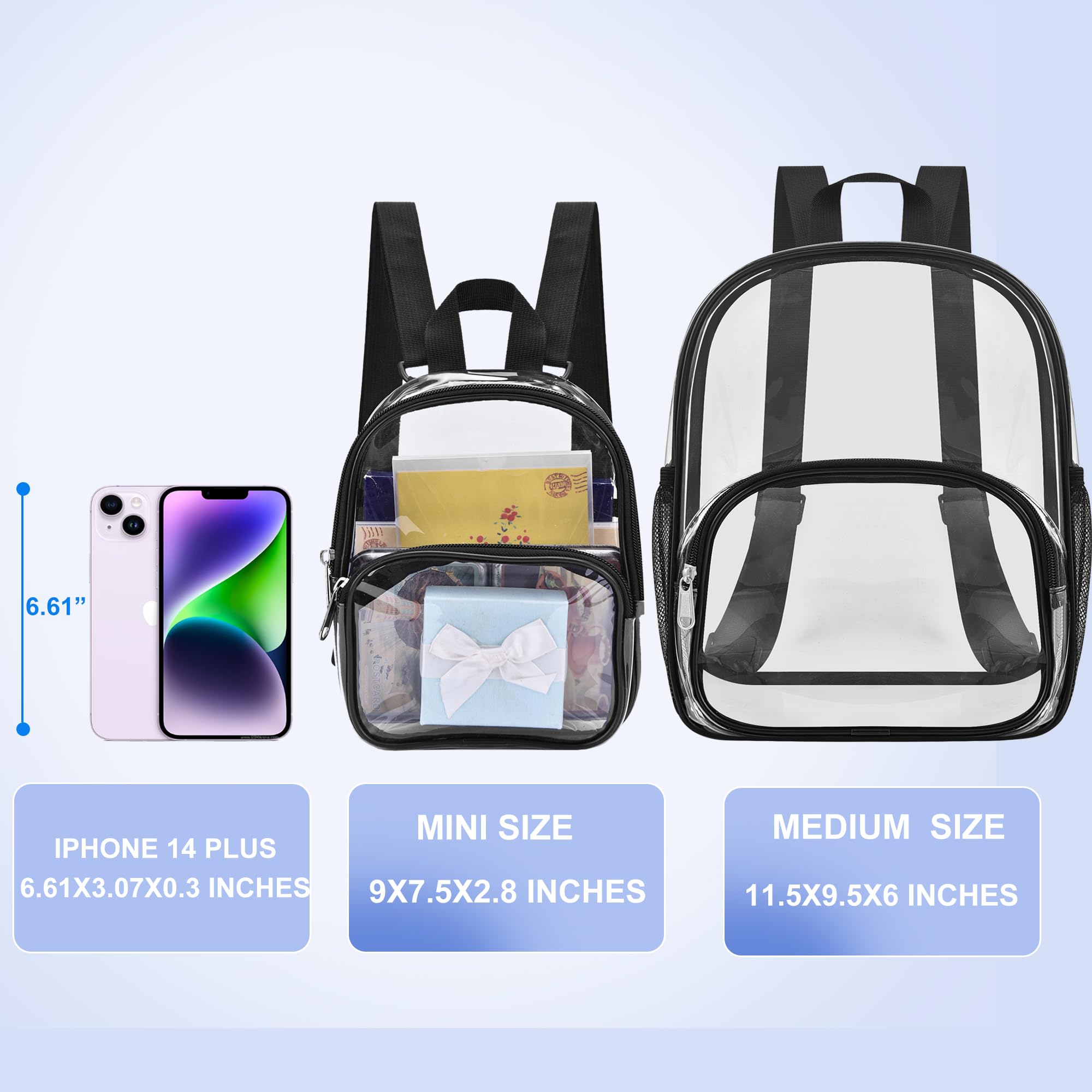 USPECLARE Clear Mini Backpack with Size 7.5"x2.8"x9" for Girls , Waterproof Small Clear Backpack for Security Travel, Concert & Sport Events(Black)