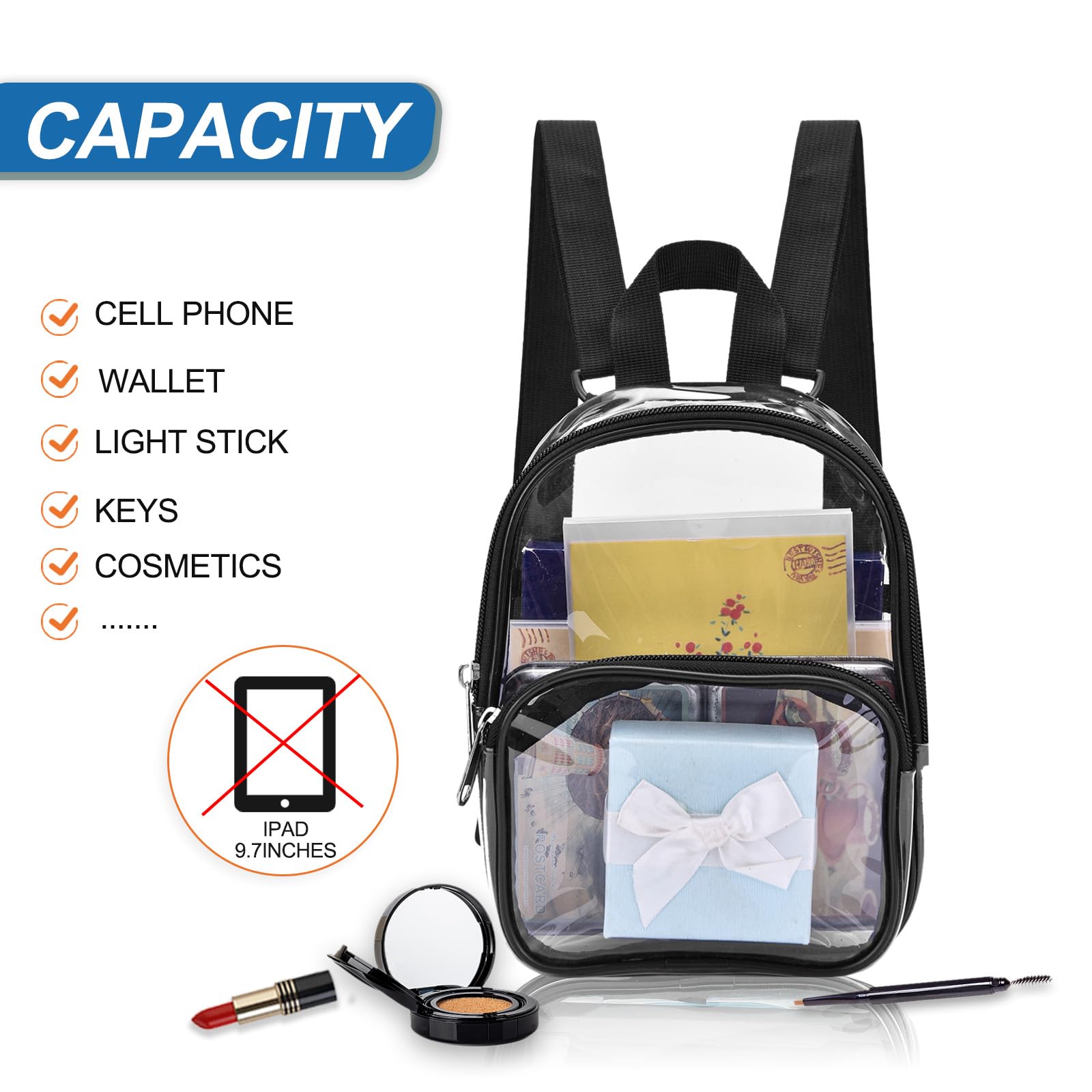 USPECLARE Clear Mini Backpack with Size 7.5"x2.8"x9" for Girls , Waterproof Small Clear Backpack for Security Travel, Concert & Sport Events(Black)