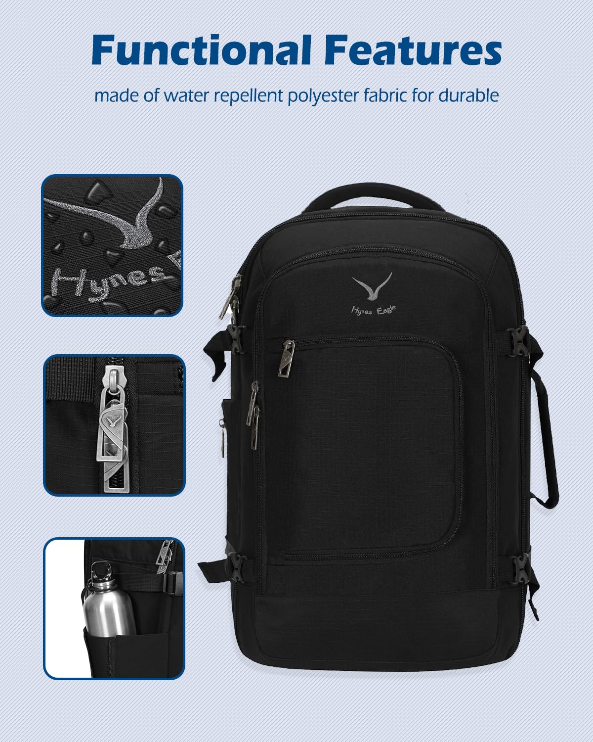 Hynes Eagle Travel Backpack 40L Flight Approved Carry on Backpack Men Large Cabin Weekender Laptop Backpack Women 15.6 inches Grey 2018