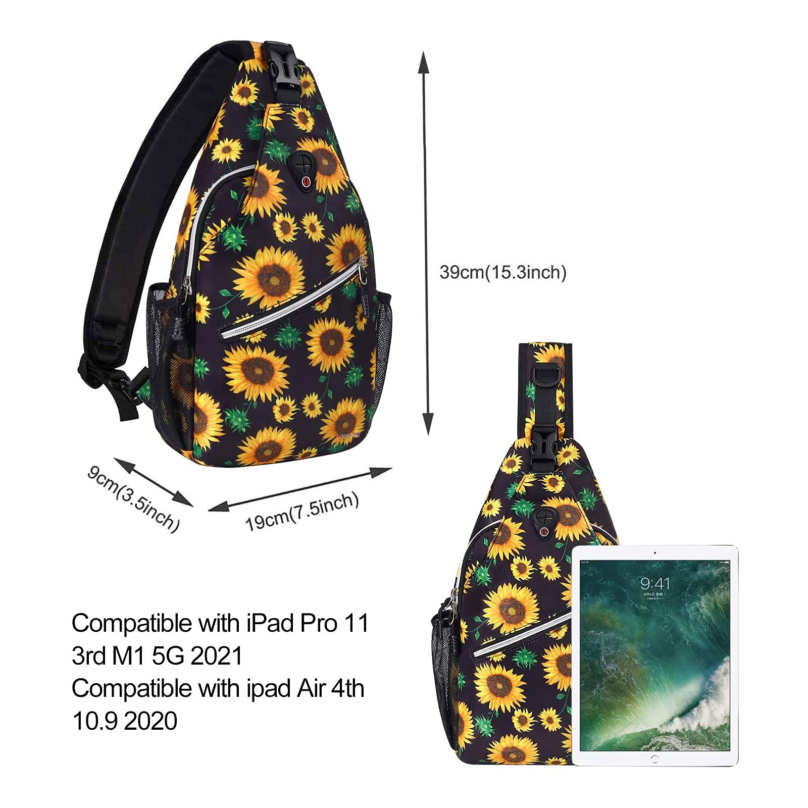 MOSISO Sling Backpack,Travel Hiking Daypack Sunflower Rope Crossbody Shoulder Bag, Black
