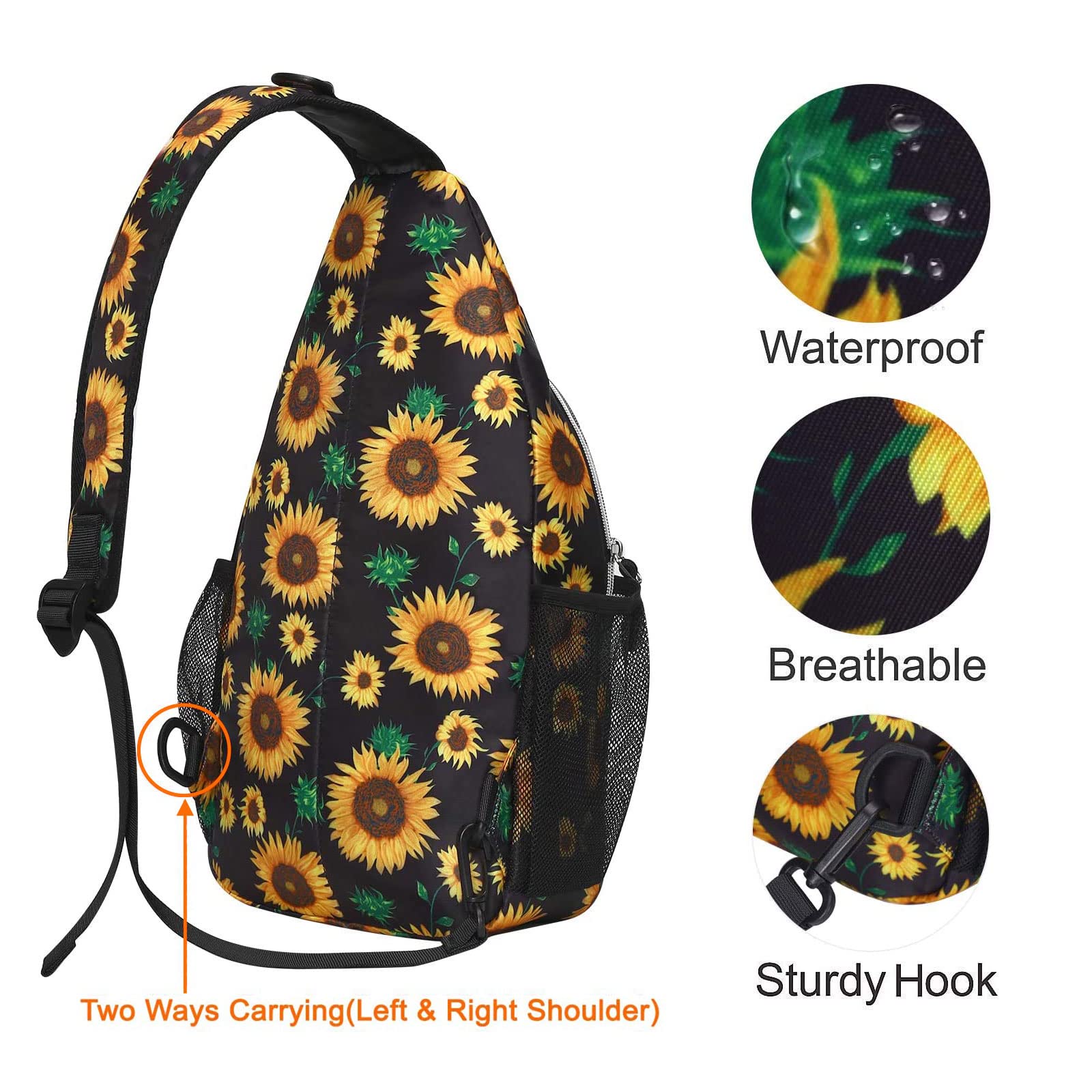 MOSISO Sling Backpack,Travel Hiking Daypack Sunflower Rope Crossbody Shoulder Bag, Black