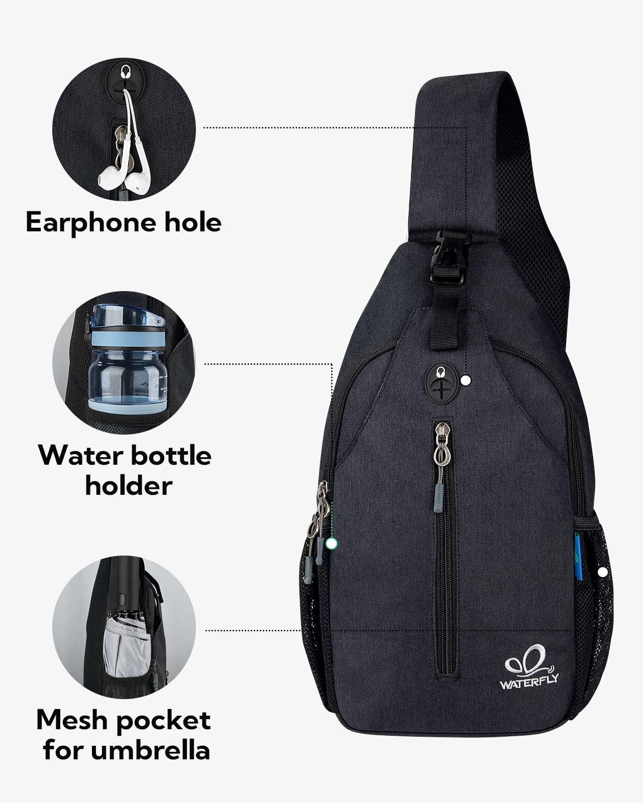 WATERFLY Sports Crossbody Sling Backpack Sling Bag Chest Bag Daypack for Cycling Hiking Running Men Women