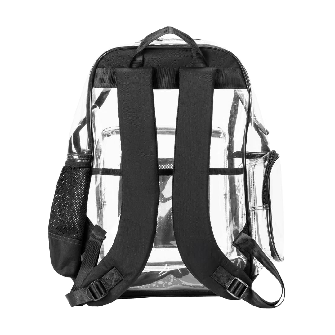 Heavy Duty Clear Backpack with Mesh Organizer, Clear Bookbag (Large, Black)