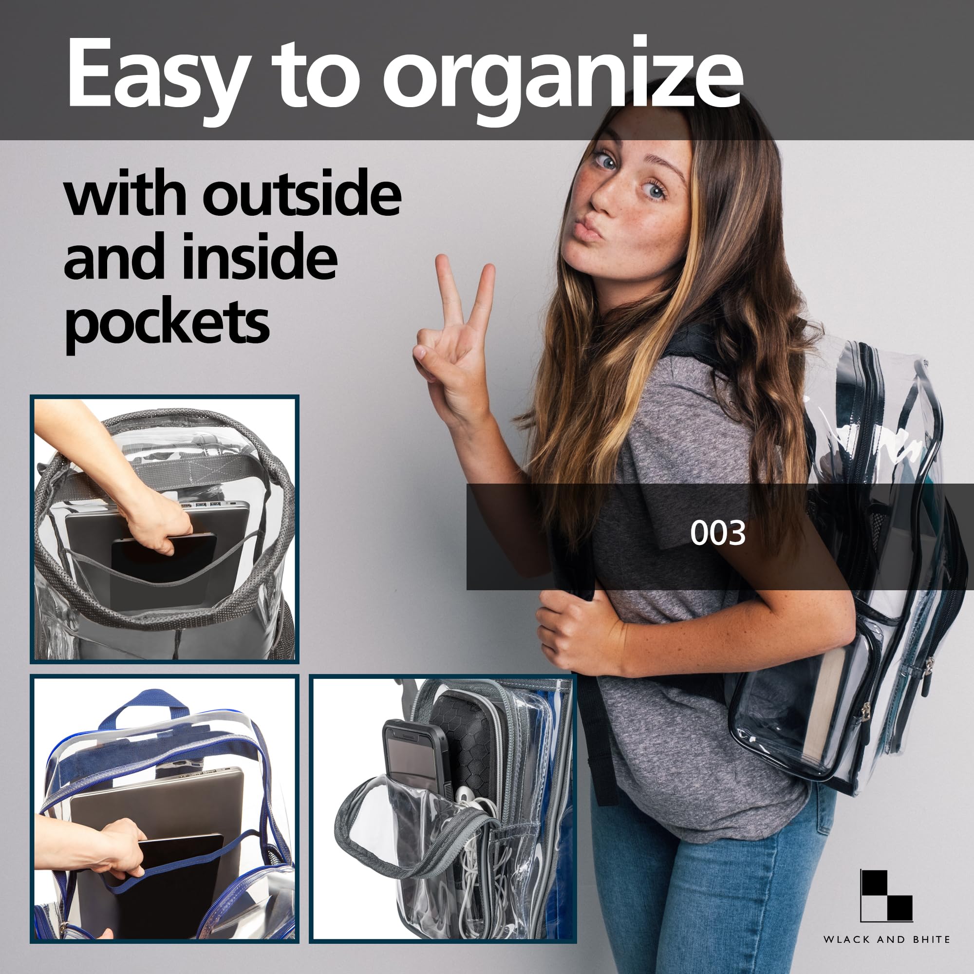 Heavy Duty Clear Backpack with Mesh Organizer, Clear Bookbag (Large, Black)
