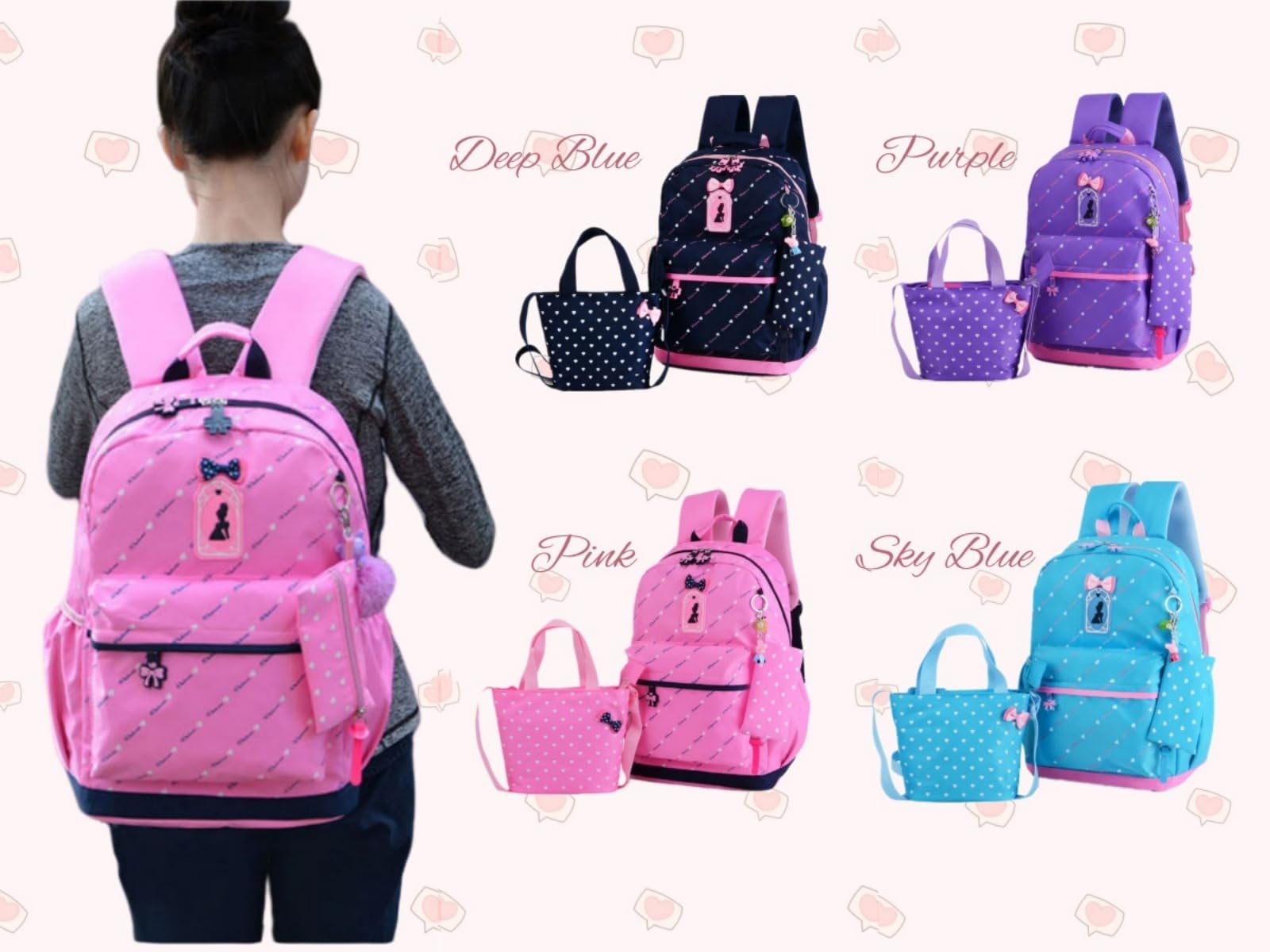 VIDOSCLA 3Pcs Heart Printing Backpack Sets Bowknot Primary Schoolbag Travel Daypack Shoulder Bag Girls Rucksack knapsack