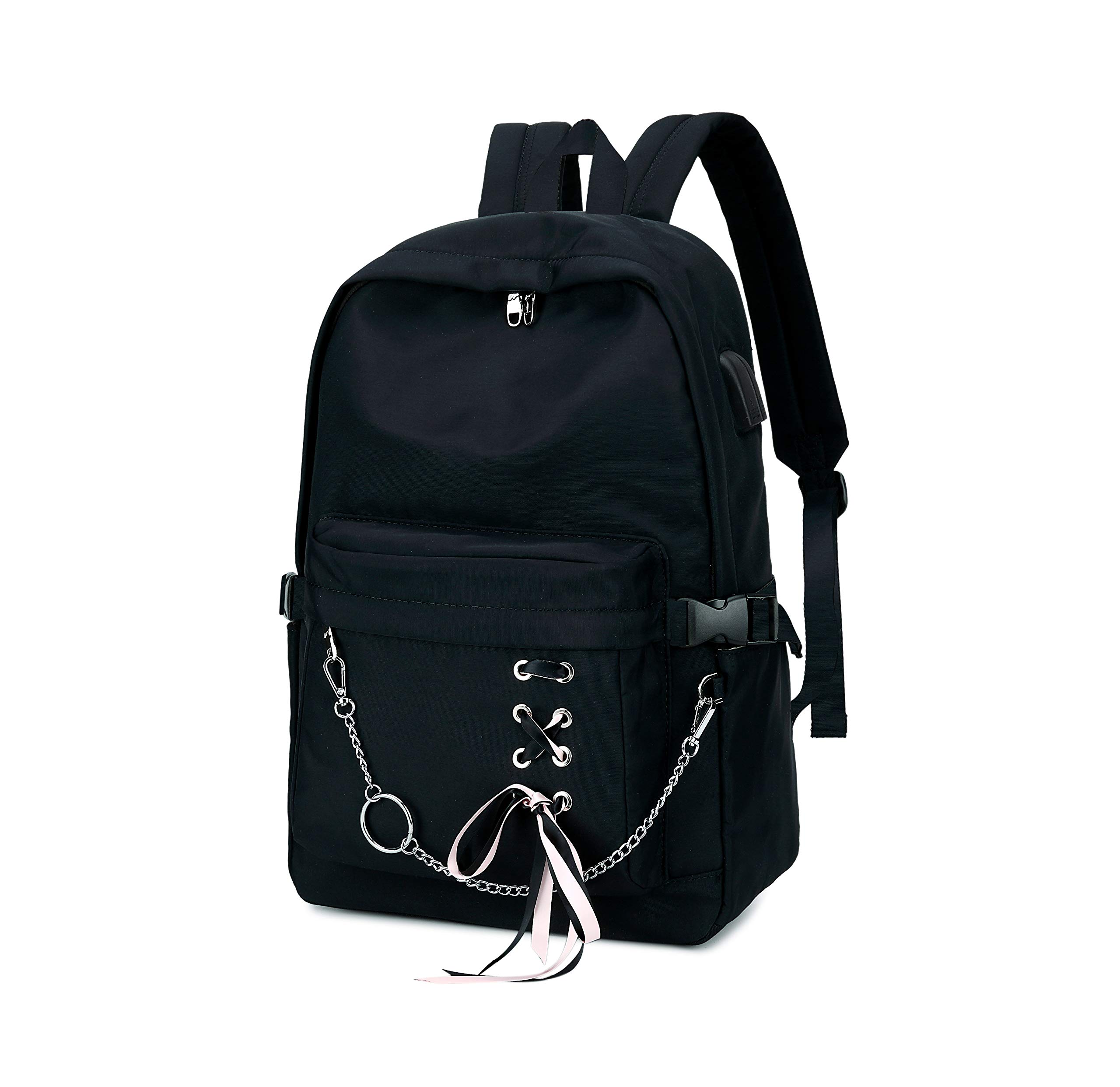 Joymoze Classic Backpack for Women Stylish School Backpack for Teen Girl Black with Chain