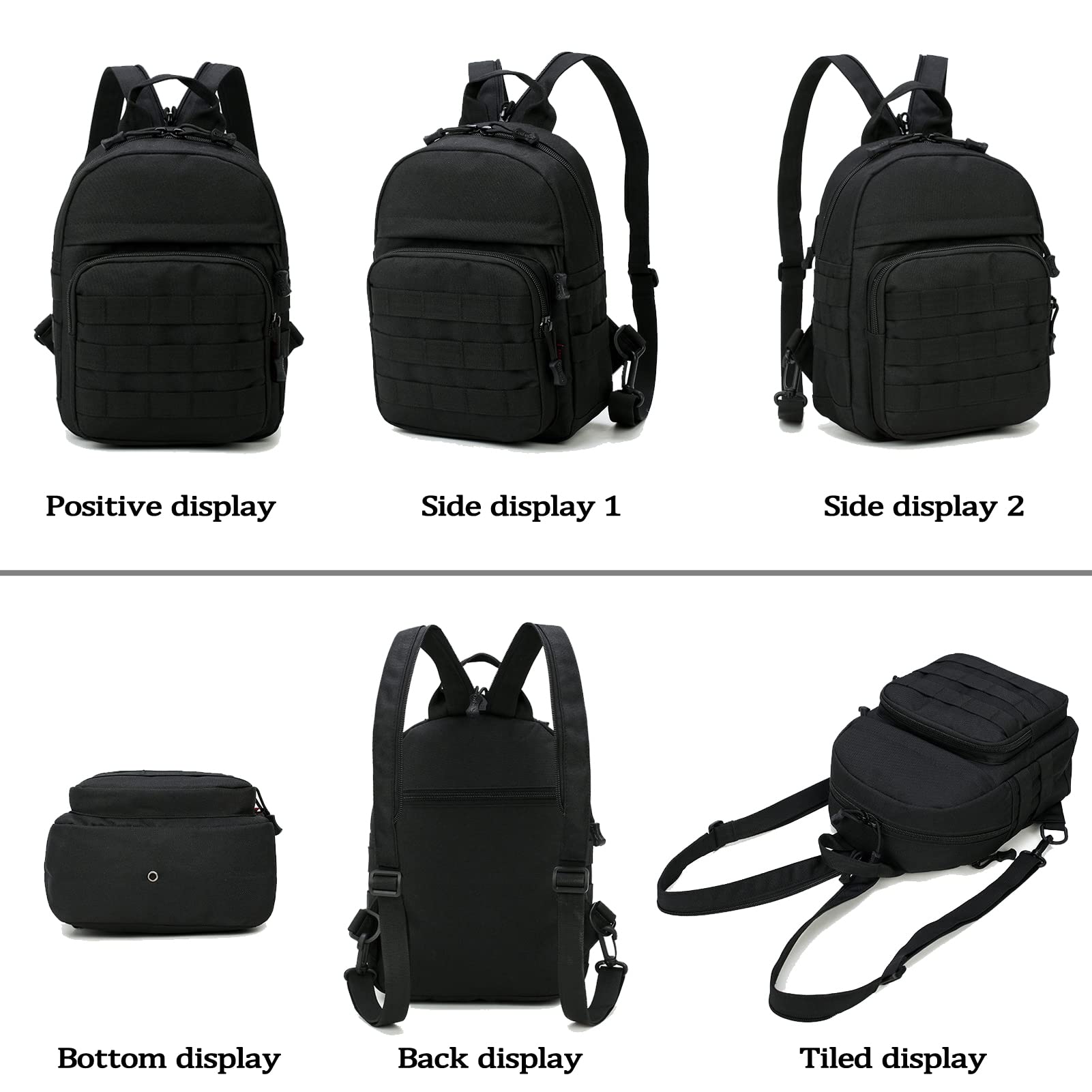Mini Tactical Backpack, 6L Small Sling Backpacks Shoulder Bag For Running Travel Daypack with Carabiner For Men Women(Black)