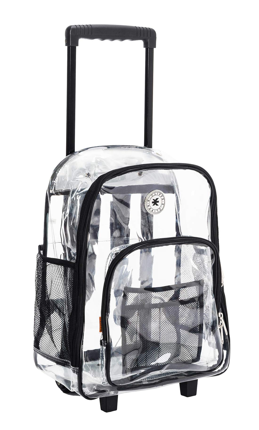 K-Cliffs Rolling Clear Backpack Heavy Duty Bookbag Quality See Through Workbag Travel Daypack Transparent School Book Bags with Wheels Black
