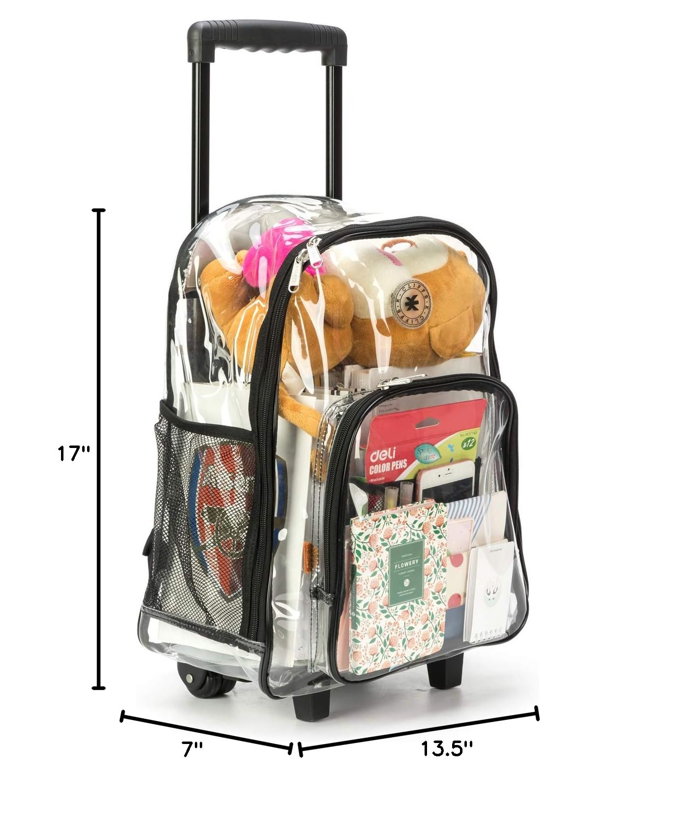 K-Cliffs Rolling Clear Backpack Heavy Duty Bookbag Quality See Through Workbag Travel Daypack Transparent School Book Bags with Wheels Black