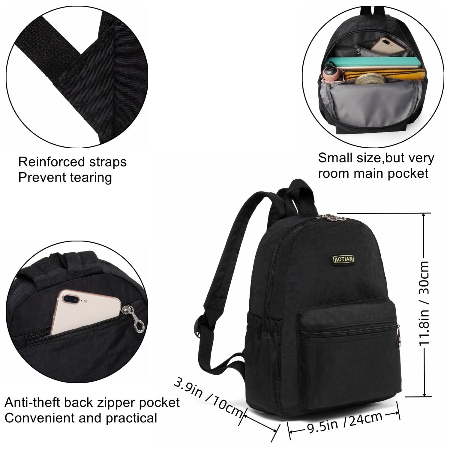AOTIAN Lightweight Durable Travel Hiking Women and Girls Small Backpack Daypack 7 Liters Black
