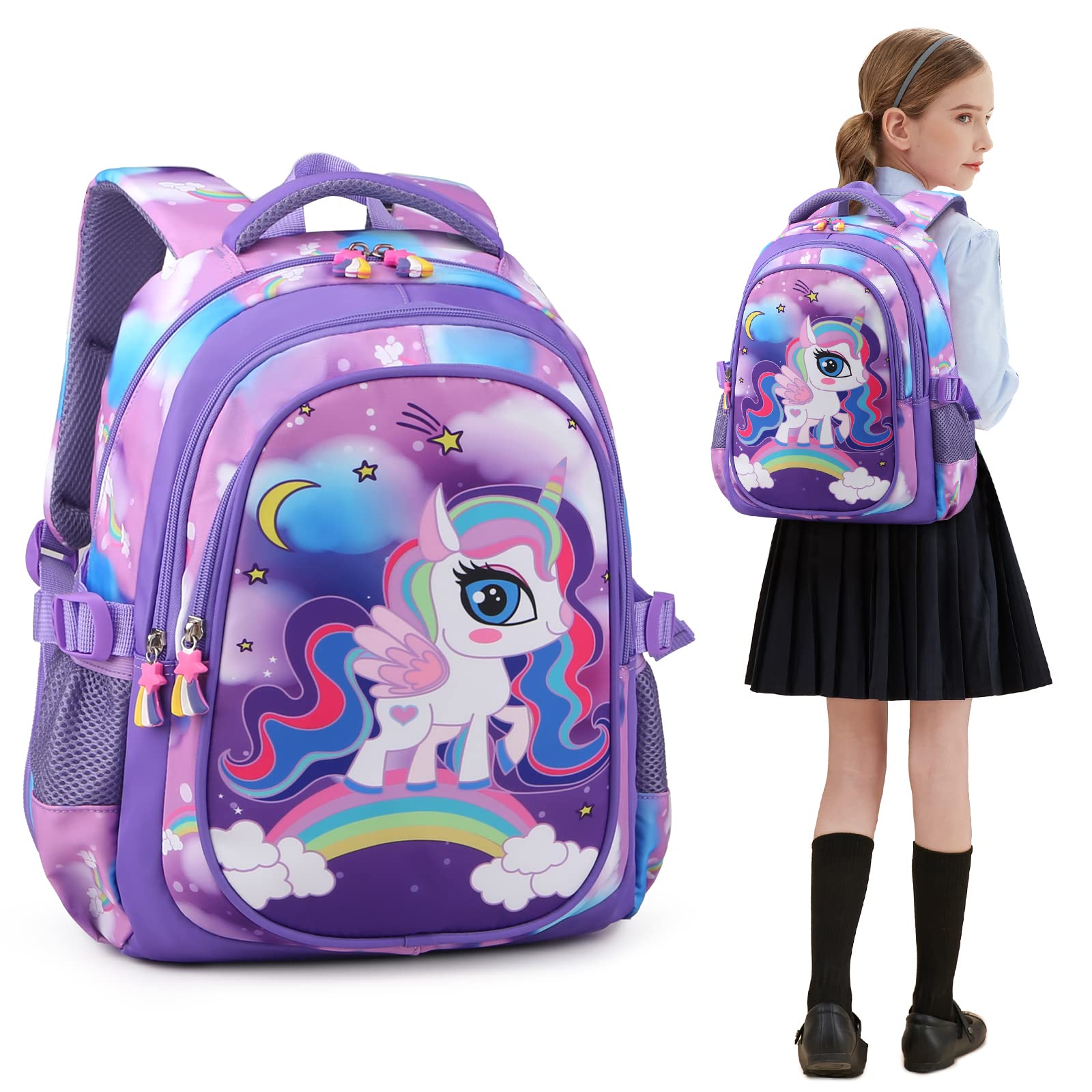 Wisiley Kids Backpack 16 in Multifunctional Large Capacity Unicorn School Backpack for Girls Cute Lightweight Toddler Schoolbag with Bottle Side Pockets Preschool Girls Elementary Leisure Schoolbag