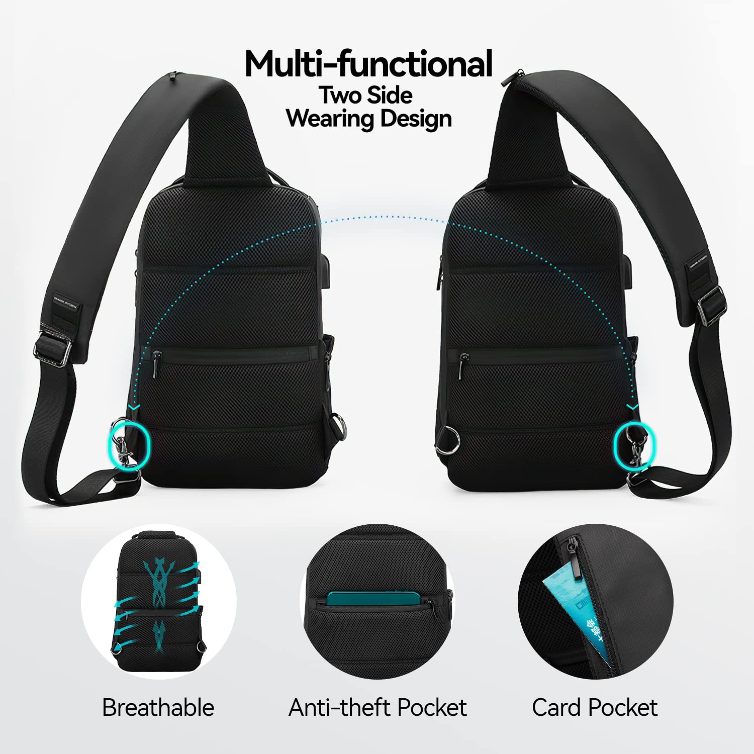 MARK RYDEN Sling Backpack for Men, Waterproof Shoulder Bag with USB Charging Port and Adjustable Strap, Holds 9.7 Inch ipad, Sling Bag for Traveling, Sporting, Cycling, Daily
