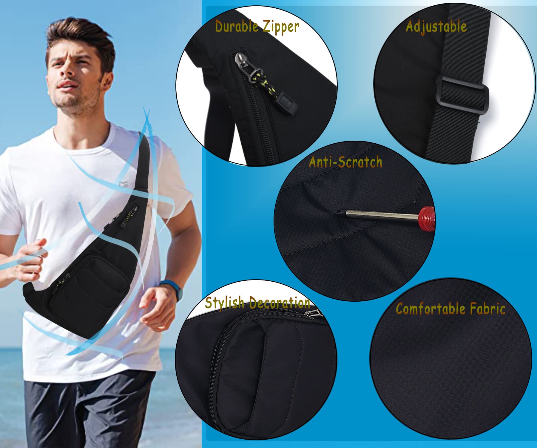 CAISANG Sling Bag Slim Crossbody Personal Pocket Chest Bag Anti-Thief Shoulder Bag Backpack Casual Daypack Fanny Pack for Travel Hiking