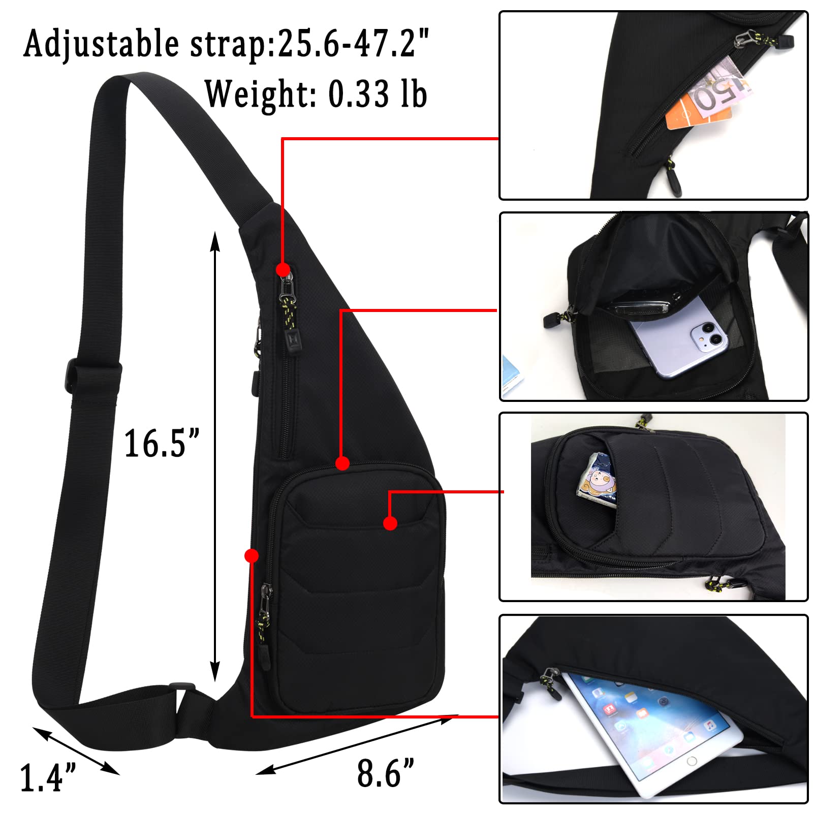CAISANG Sling Bag Slim Crossbody Personal Pocket Chest Bag Anti-Thief Shoulder Bag Backpack Casual Daypack Fanny Pack for Travel Hiking