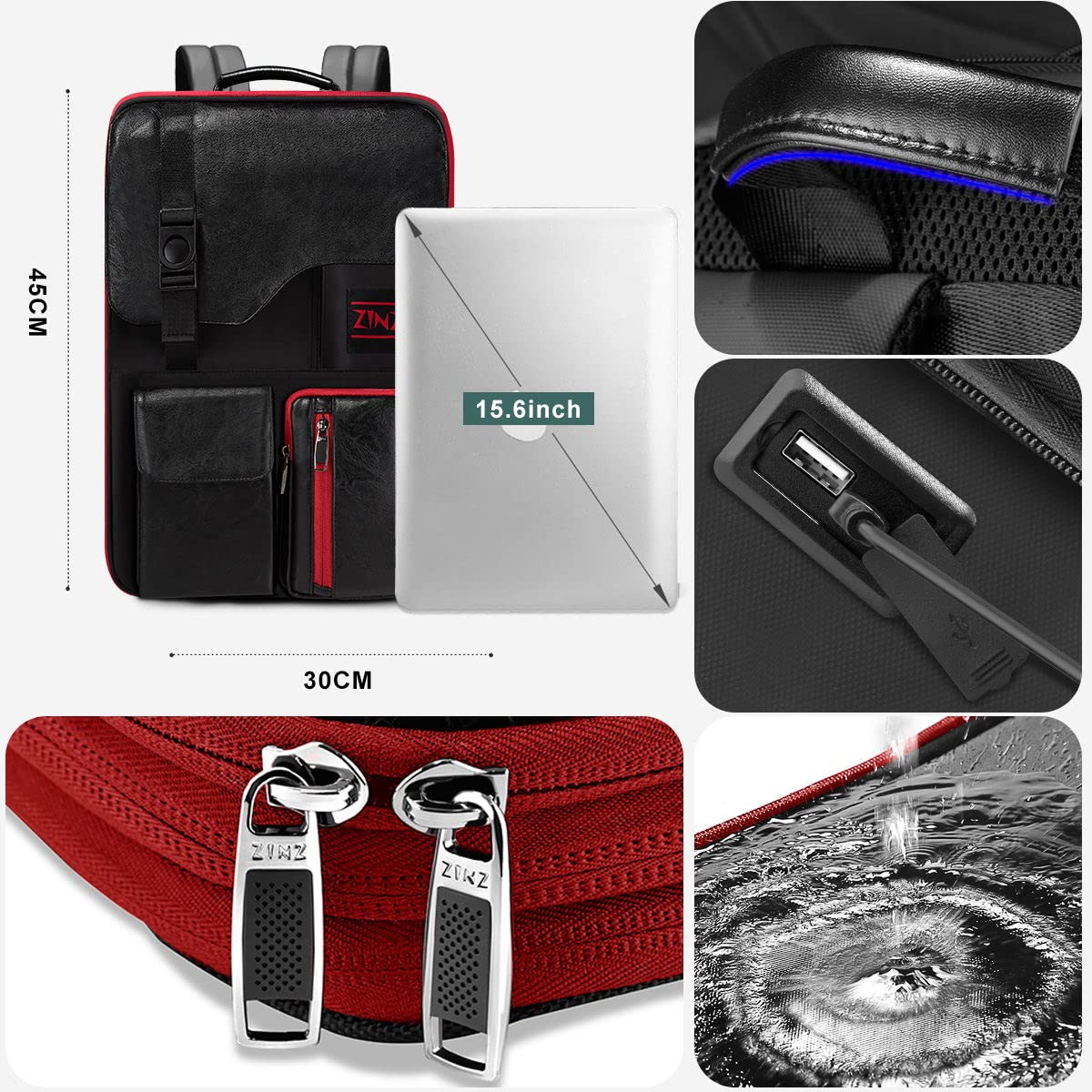 ZINZ Slim & Expandable Laptop Backpack 15.6 Inch Business Backpack with USB Port, Waterproof Anti-Theft Travel Backpack Daypack Bookbag for Men and Women -Black&Red
