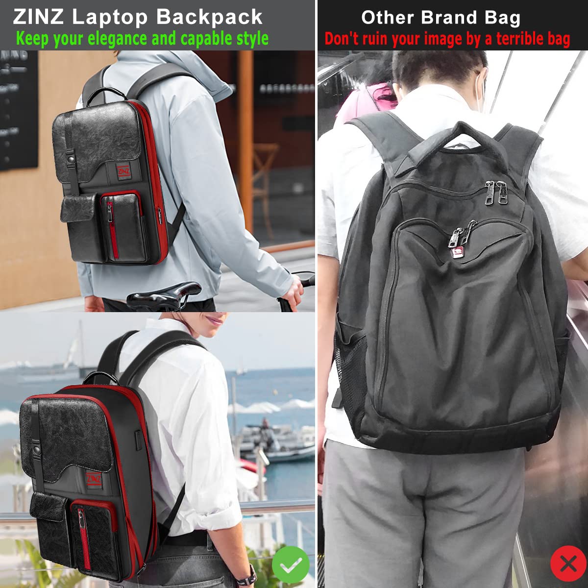 ZINZ Slim & Expandable Laptop Backpack 15.6 Inch Business Backpack with USB Port, Waterproof Anti-Theft Travel Backpack Daypack Bookbag for Men and Women -Black&Red