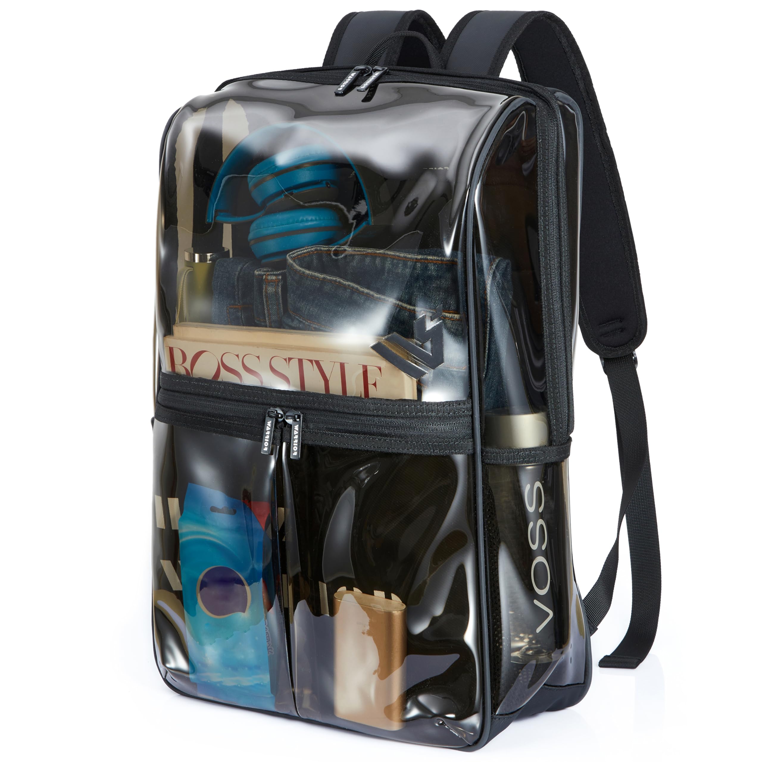 Clear Laptop Backpack Heavy Duty, 17 Inch Trendy Laptop Backpack, Water Resistant Transparent Travel Bags Apply to Men/Women, Amber Clear Glue Material, Built in Detachable Laptop Sleeves (Black)