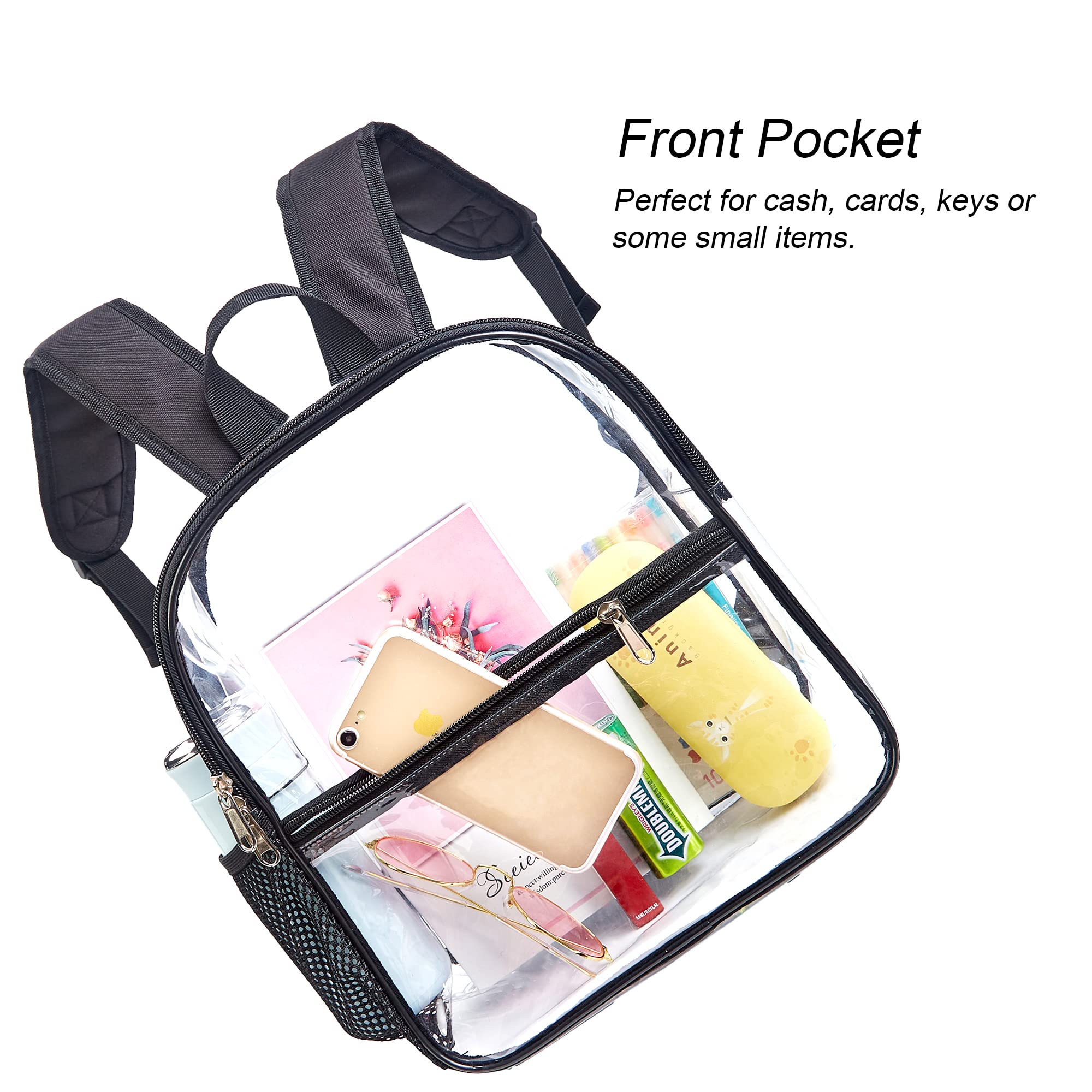 Vikcnitor Clear Mini Backpack Stadium Approved, Heavy Duty Waterproof Clear Bookbag for Concerts, Work, Sport Events-Black