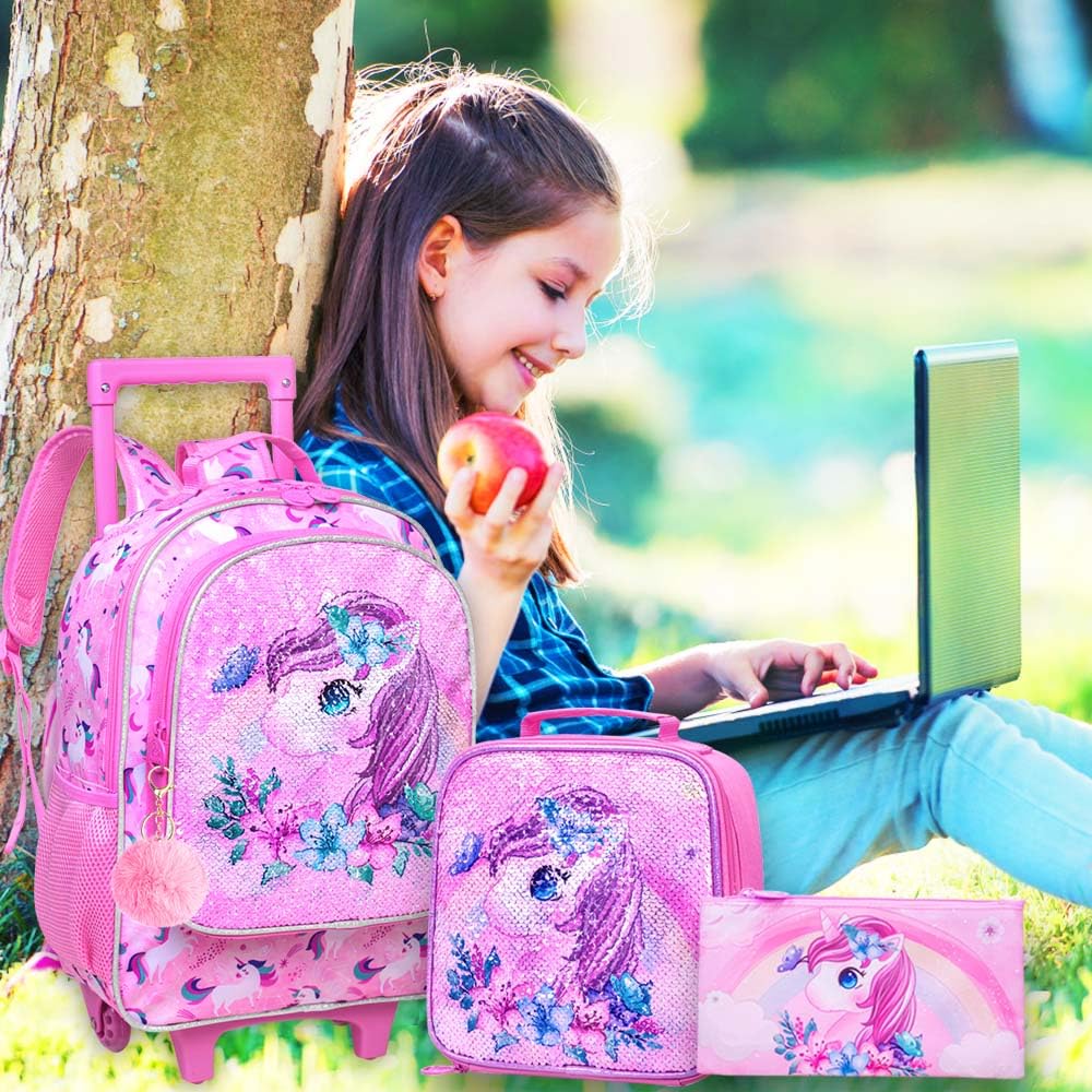 KLFVB Rolling Backpack for Girls, Kids Roller Wheels School Bookbag with Lunch Bag, Wheeled School Bag for Children - Unicorn