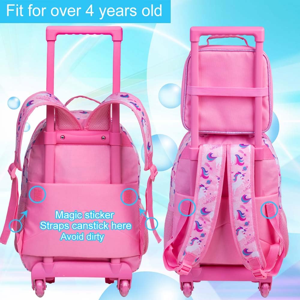 KLFVB Rolling Backpack for Girls, Kids Roller Wheels School Bookbag with Lunch Bag, Wheeled School Bag for Children - Unicorn