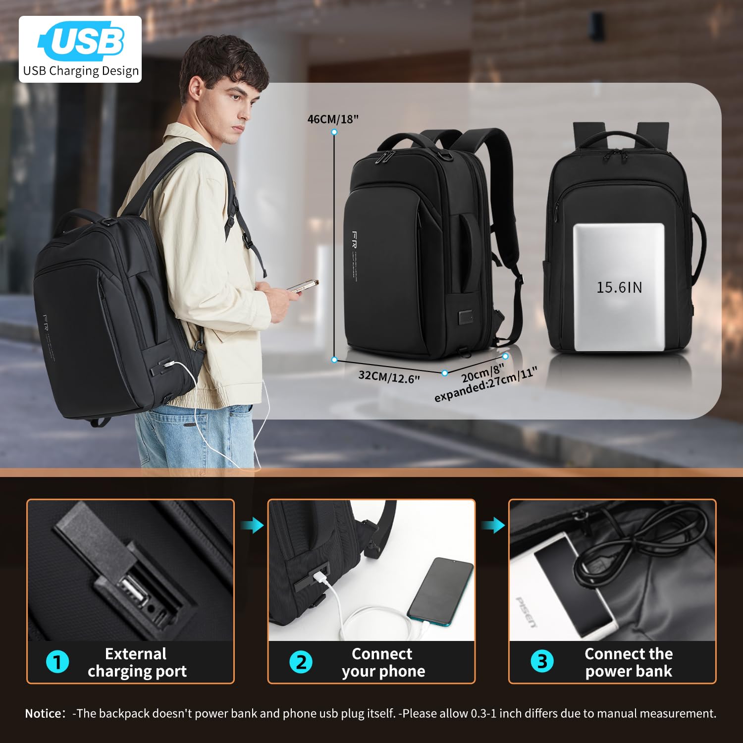 FENRUIEN Expandable Travel Backpack 15.6 Inch with USB Laptop Backpack Anti Theft Waterproof Business Smart Backpack, Multipurpose Large Capacity Daypack College School Bookbag for Men, Black