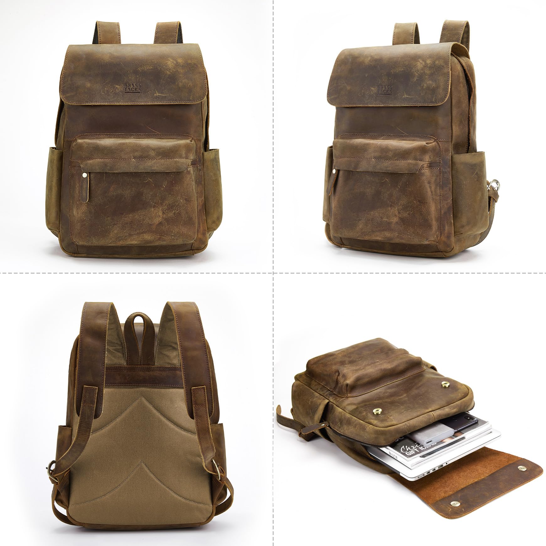 BRASS TACKS Leathercraft Leather Rucksack Backpack Casual Travel Satchel Bag Daypack For Men Women 15.6 inch Laptop Bookbag