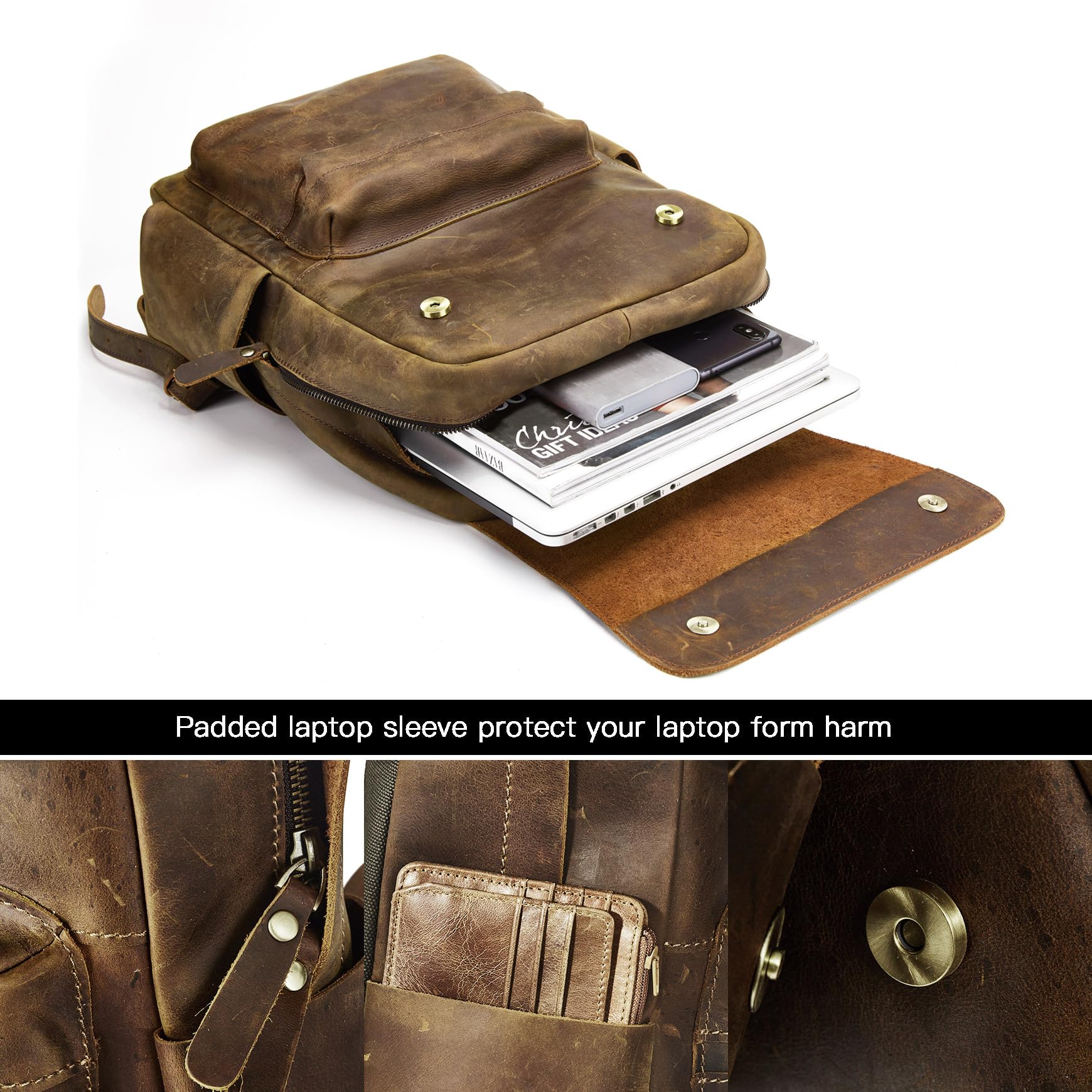 BRASS TACKS Leathercraft Leather Rucksack Backpack Casual Travel Satchel Bag Daypack For Men Women 15.6 inch Laptop Bookbag