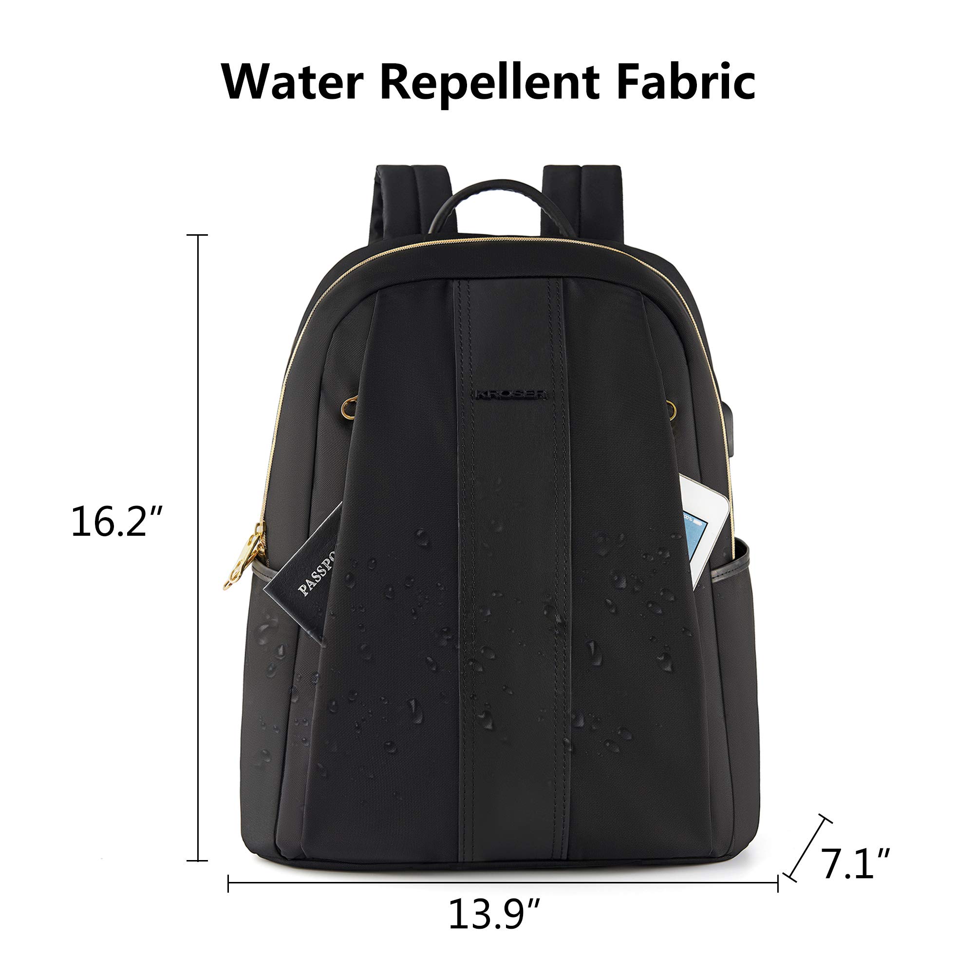 KROSER Laptop Backpack 15.6 Inch Lightweight School Computer Backpack Water-Repellent Nylon Casual Daypack with USB Charging Port for Travel/Business/College/Women/Men-Black