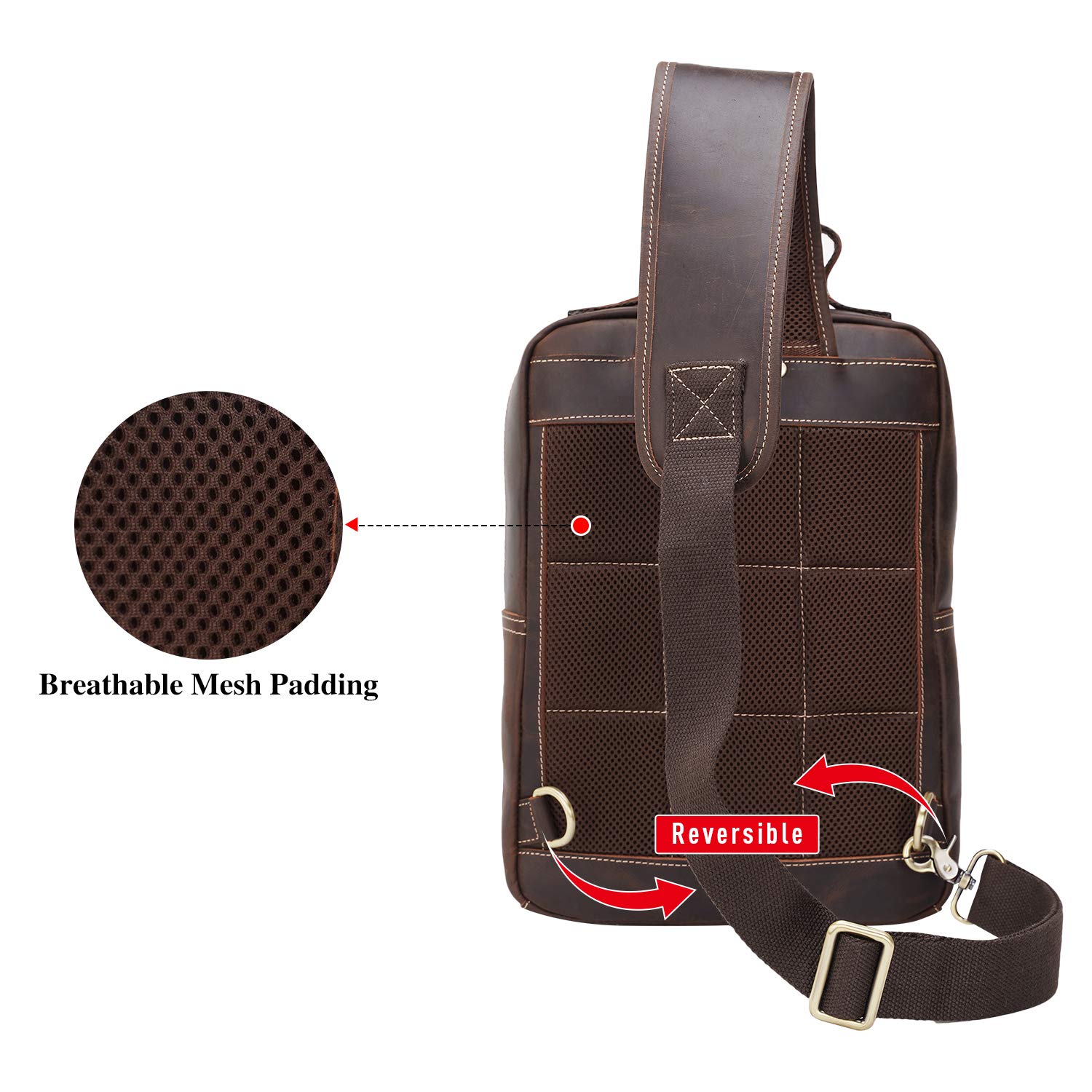 compalo Thick Full Grain Leather Sling Bag Shoulder Backpack Travel Rucksack Casual Crossbody Bag