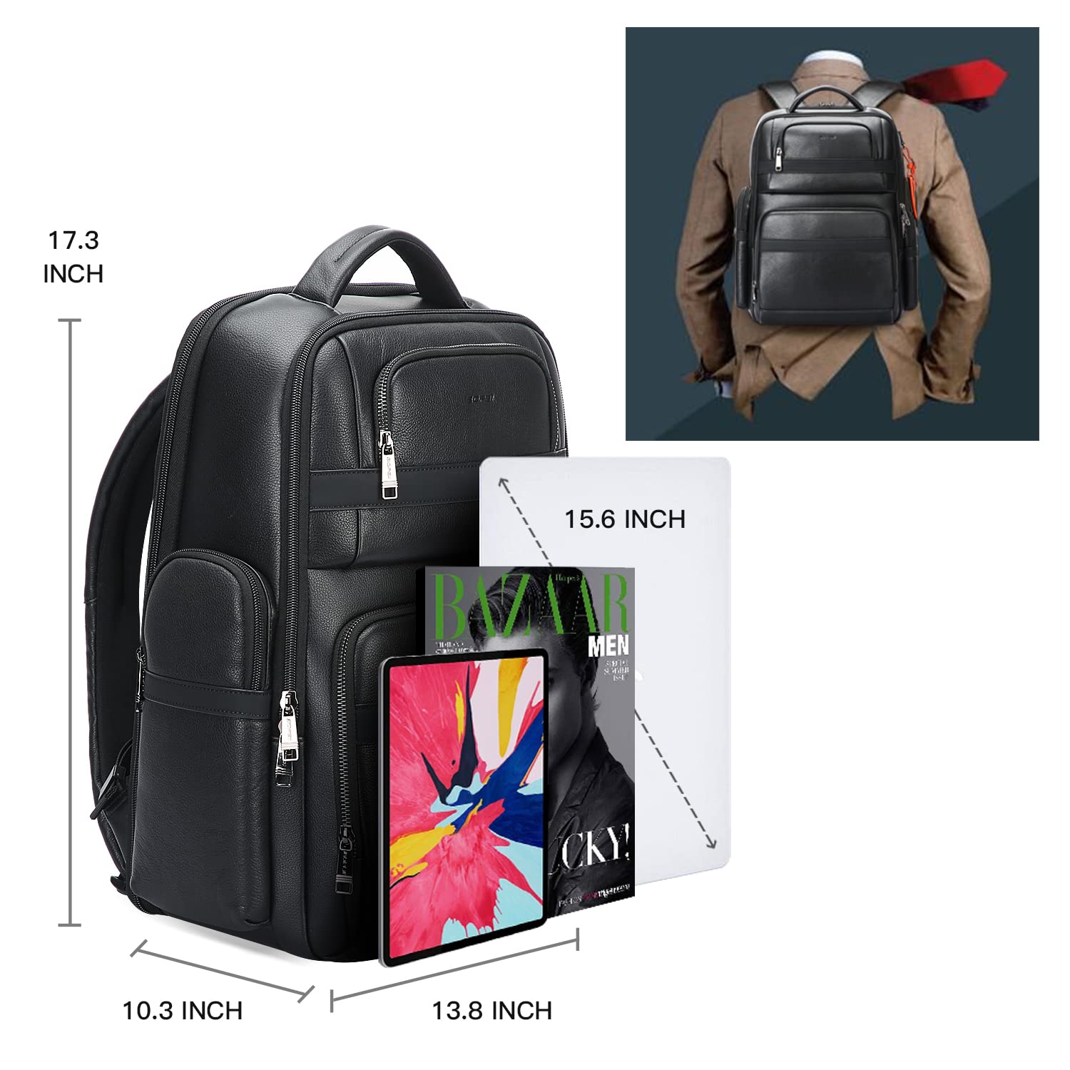 BOPAI 40L Genuine Business Leather Laptop Professional Backpack for Men 15.6 inch Computer with USB Charging Multi-Functional Large Capacity Travel Smart Work Rucksack Anti Theft Black