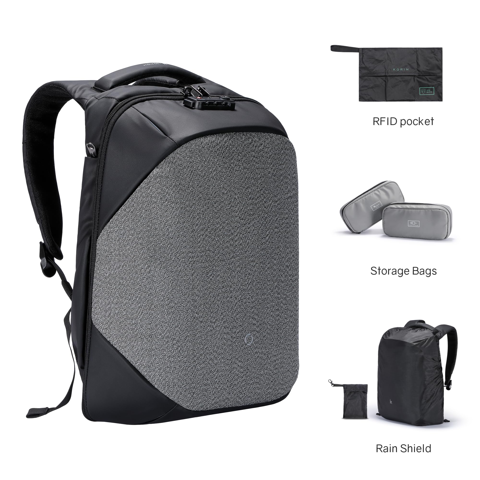 KORIN Laptop Bag For Men Women - Laptop Backpack 15.6" Travel Backpack With USB Charging Port, Original Design Flippack Anti-Theft Shool Backpack For Traveling, Hiking, Commuting, Black