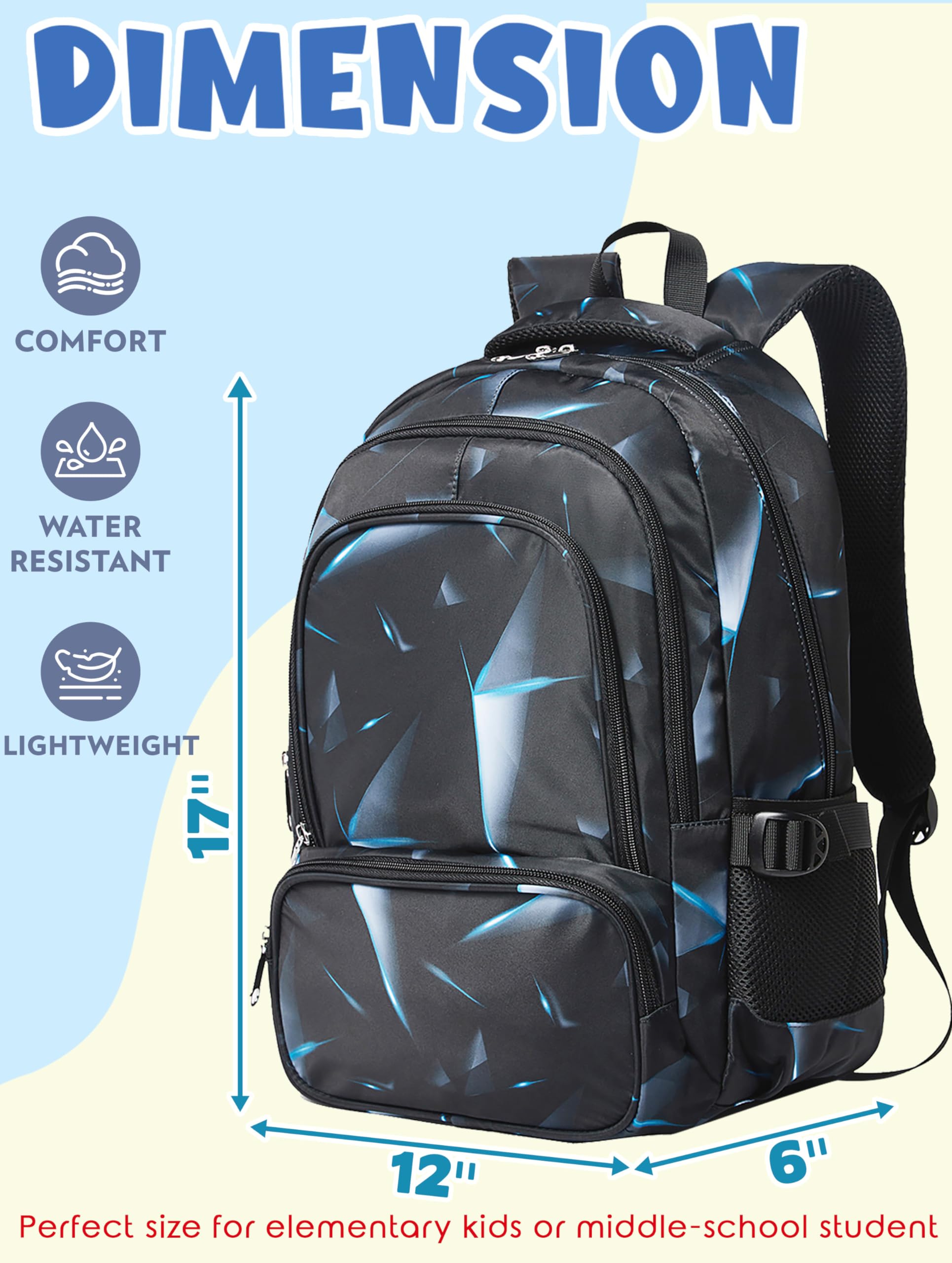 BLUEFAIRY Boys Backpack Elementary Kids School Bags Middle School Primary School Bookbags Lightweight Sturdy Durable Gift with Plenty of Pockets Age 5-9(Black&Blue