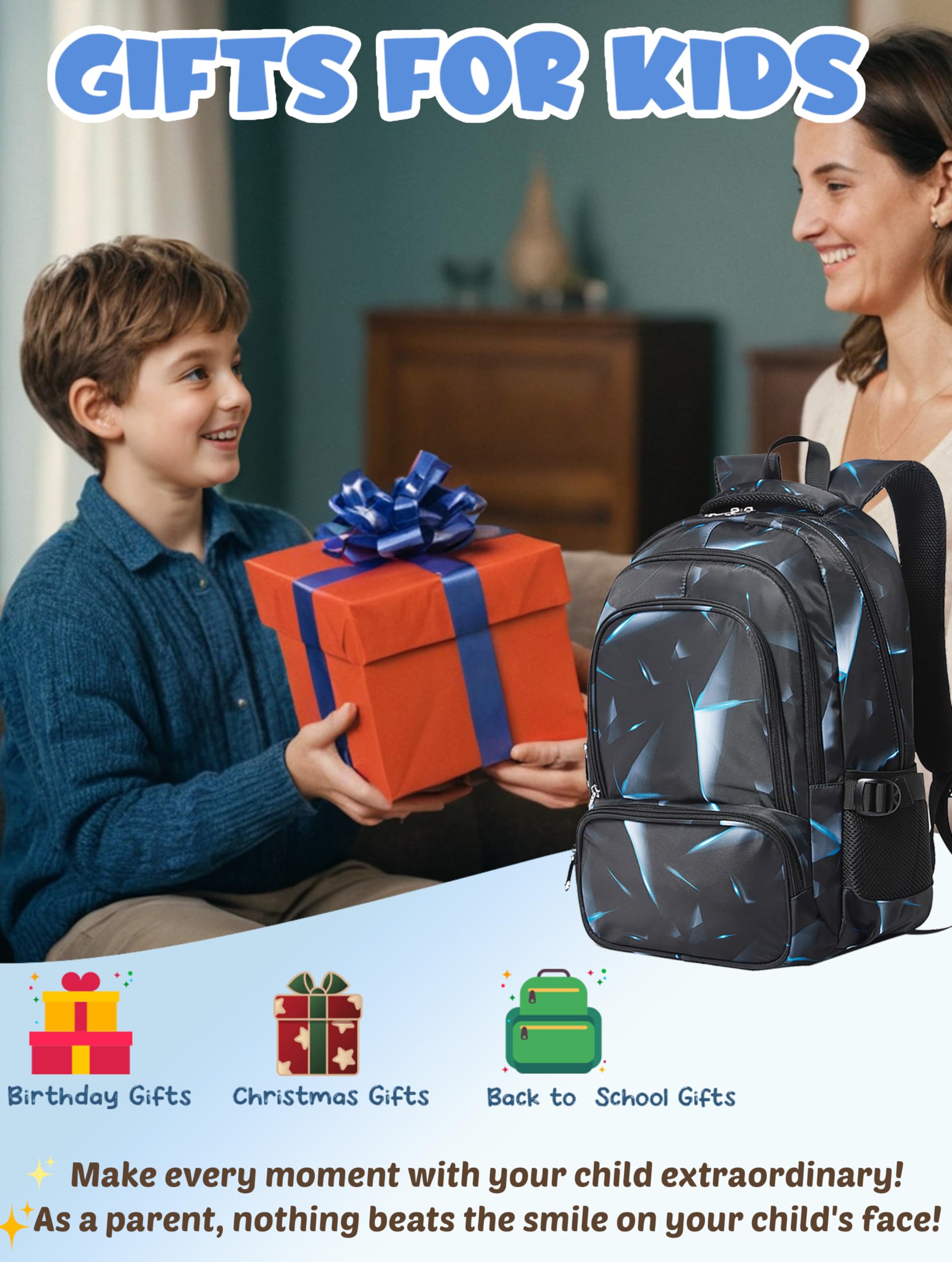 BLUEFAIRY Boys Backpack Elementary Kids School Bags Middle School Primary School Bookbags Lightweight Sturdy Durable Gift with Plenty of Pockets Age 5-9(Black&Blue