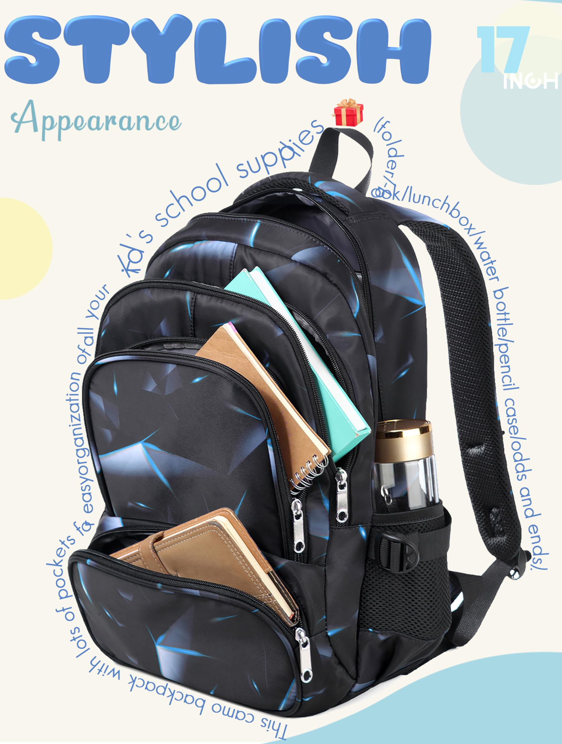 BLUEFAIRY Boys Backpack Elementary Kids School Bags Middle School Primary School Bookbags Lightweight Sturdy Durable Gift with Plenty of Pockets Age 5-9(Black&Blue