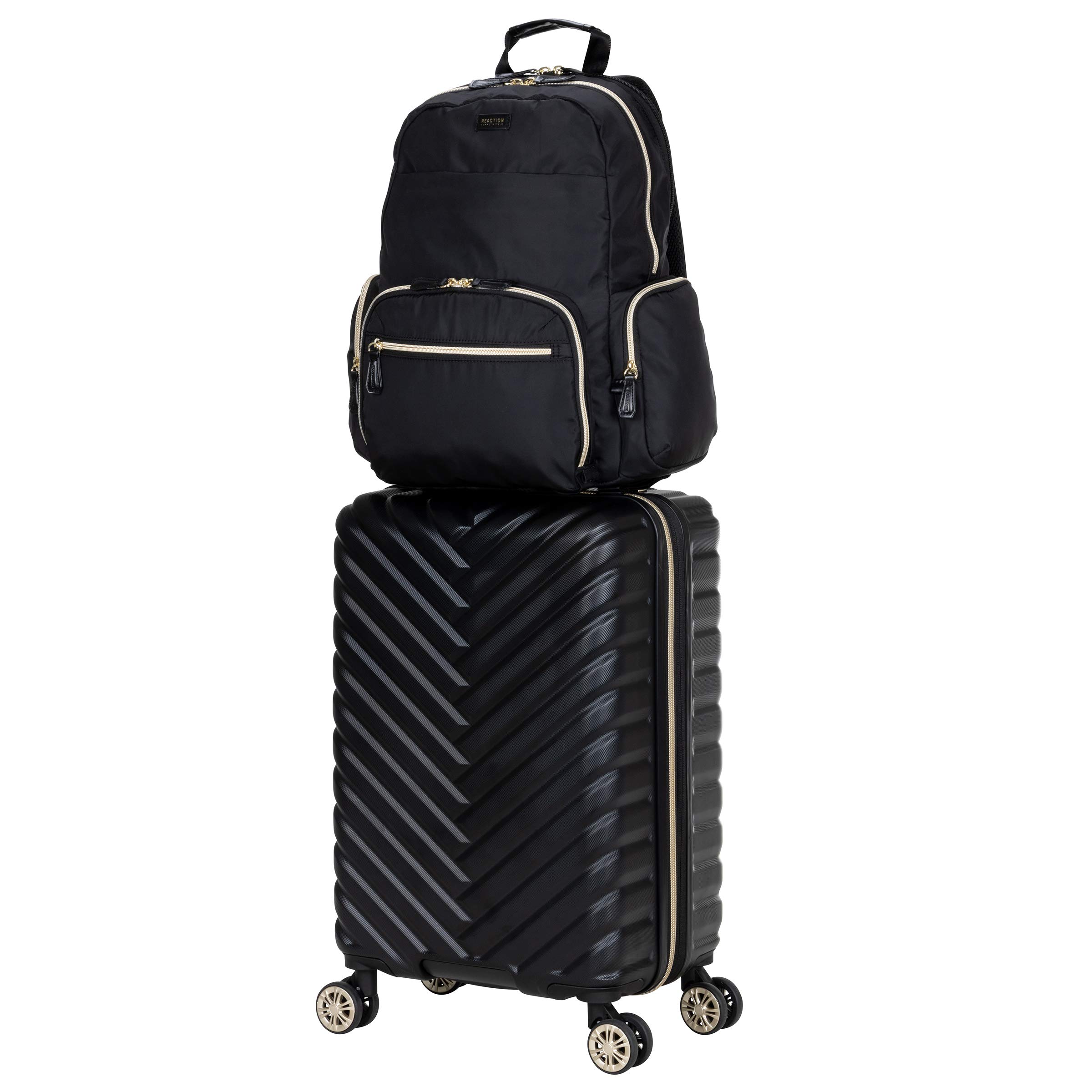 Kenneth Cole REACTION Women's Sophie Backpack Silky Nylon 15" Laptop & Tablet RFID Bookbag for School, Work, & Travel, Black with 20" Carry-On, One Size