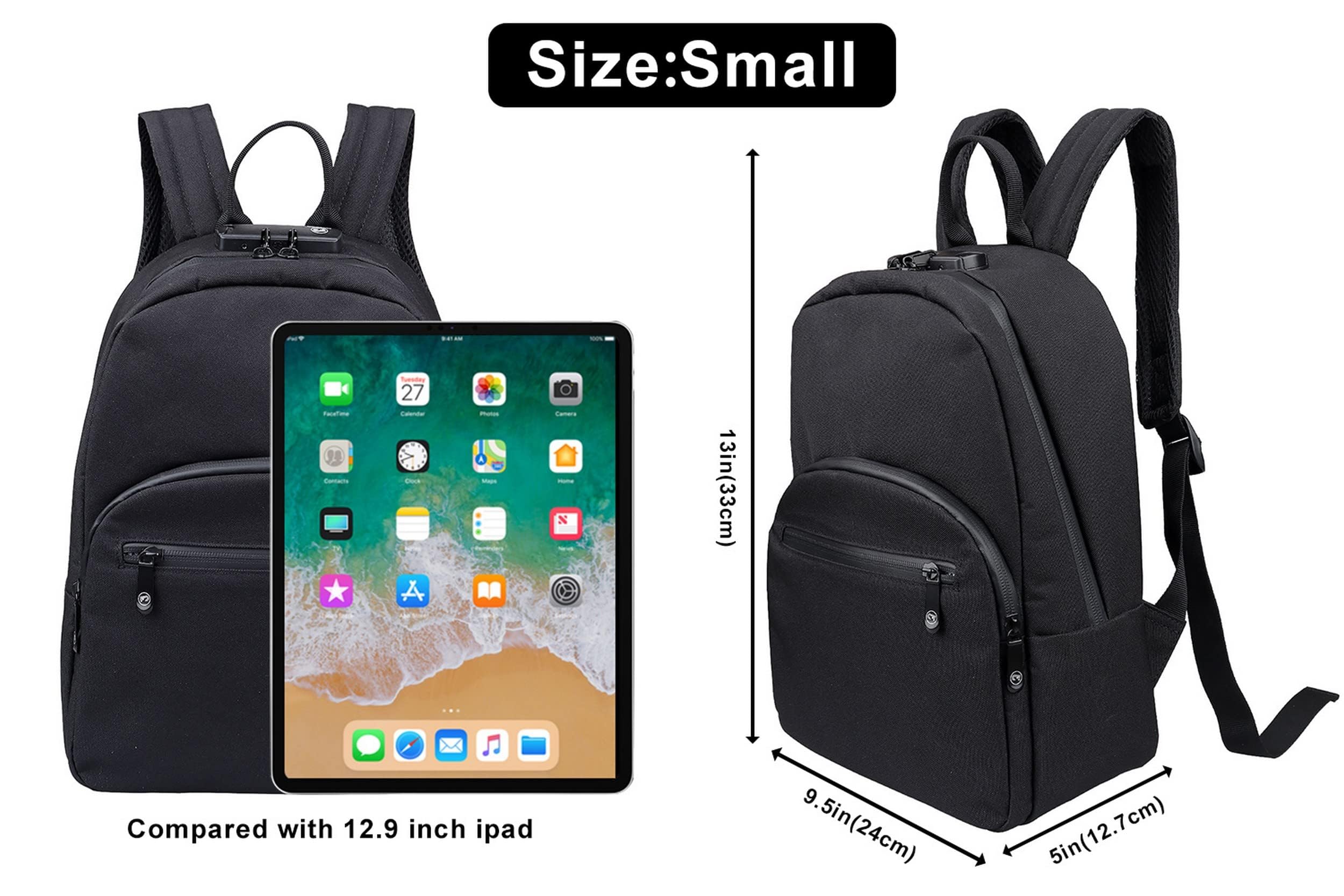 FIREDOG Mini Smell Proof Backpack with Lock for Men Women, Smell Proof Bookbag for Travel (Black)
