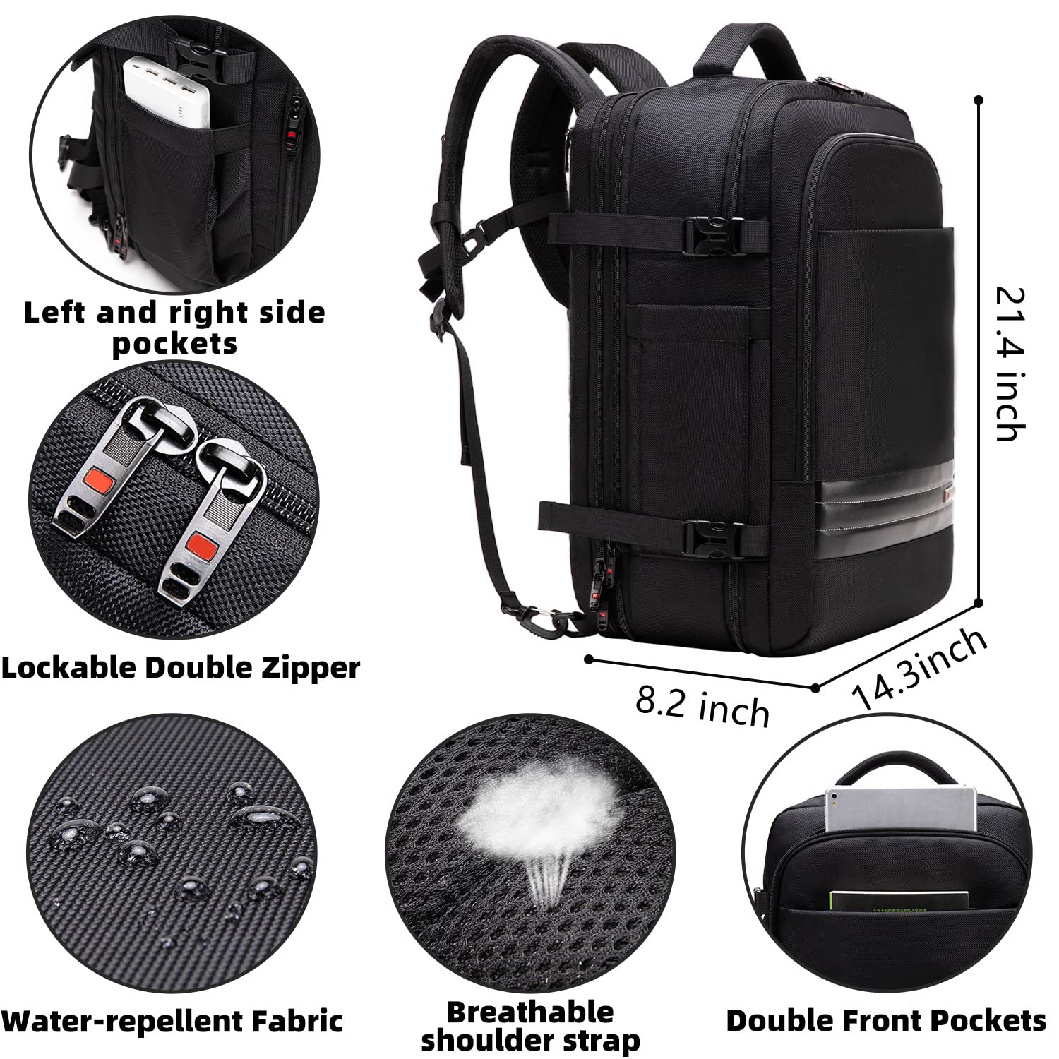 Asenlin Travel Backpack for Women Men,40L-55L Expandable Carry on Backpack,17 Inch Water Resistant Laptop Backpack for Weekender Overnight Extre Large Backpack-Black