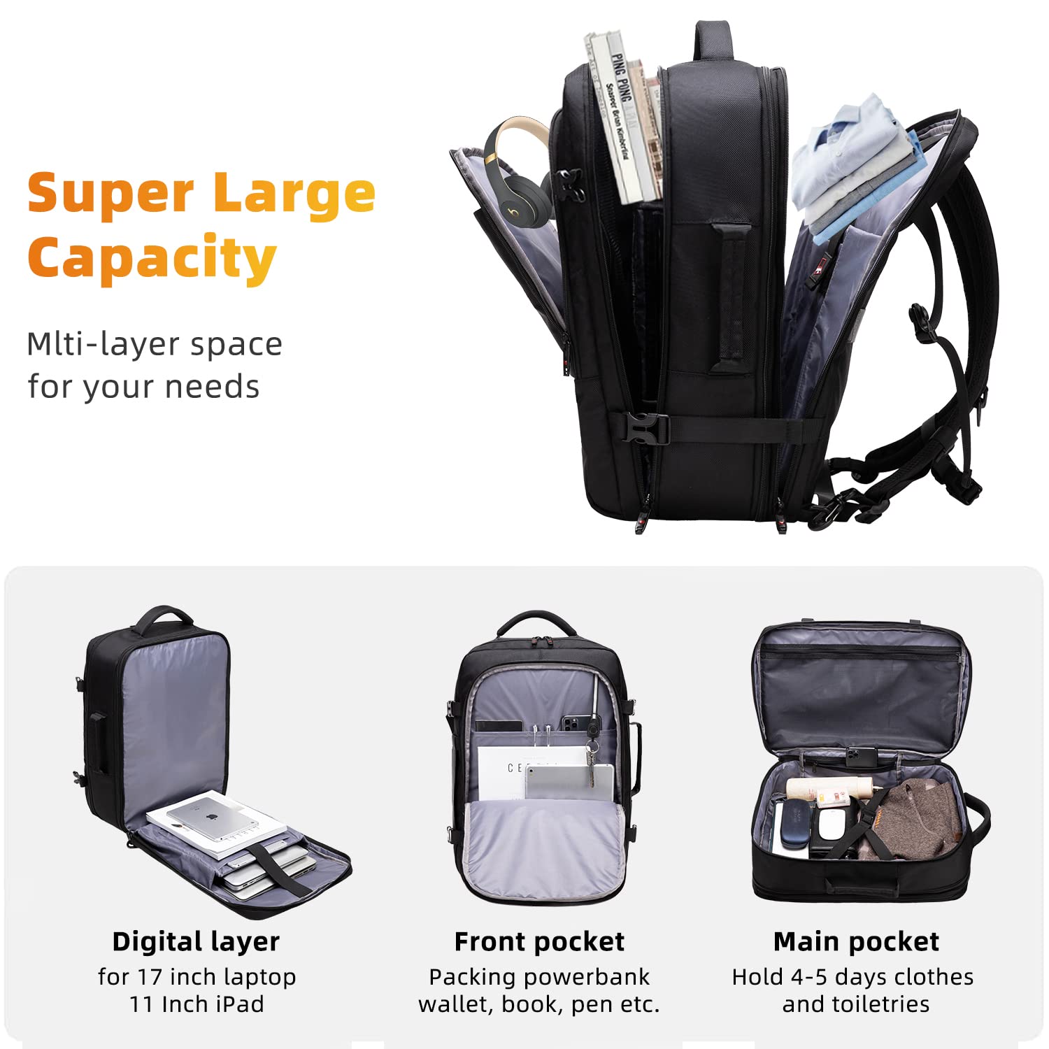 Asenlin Travel Backpack for Women Men,40L-55L Expandable Carry on Backpack,17 Inch Water Resistant Laptop Backpack for Weekender Overnight Extre Large Backpack-Black
