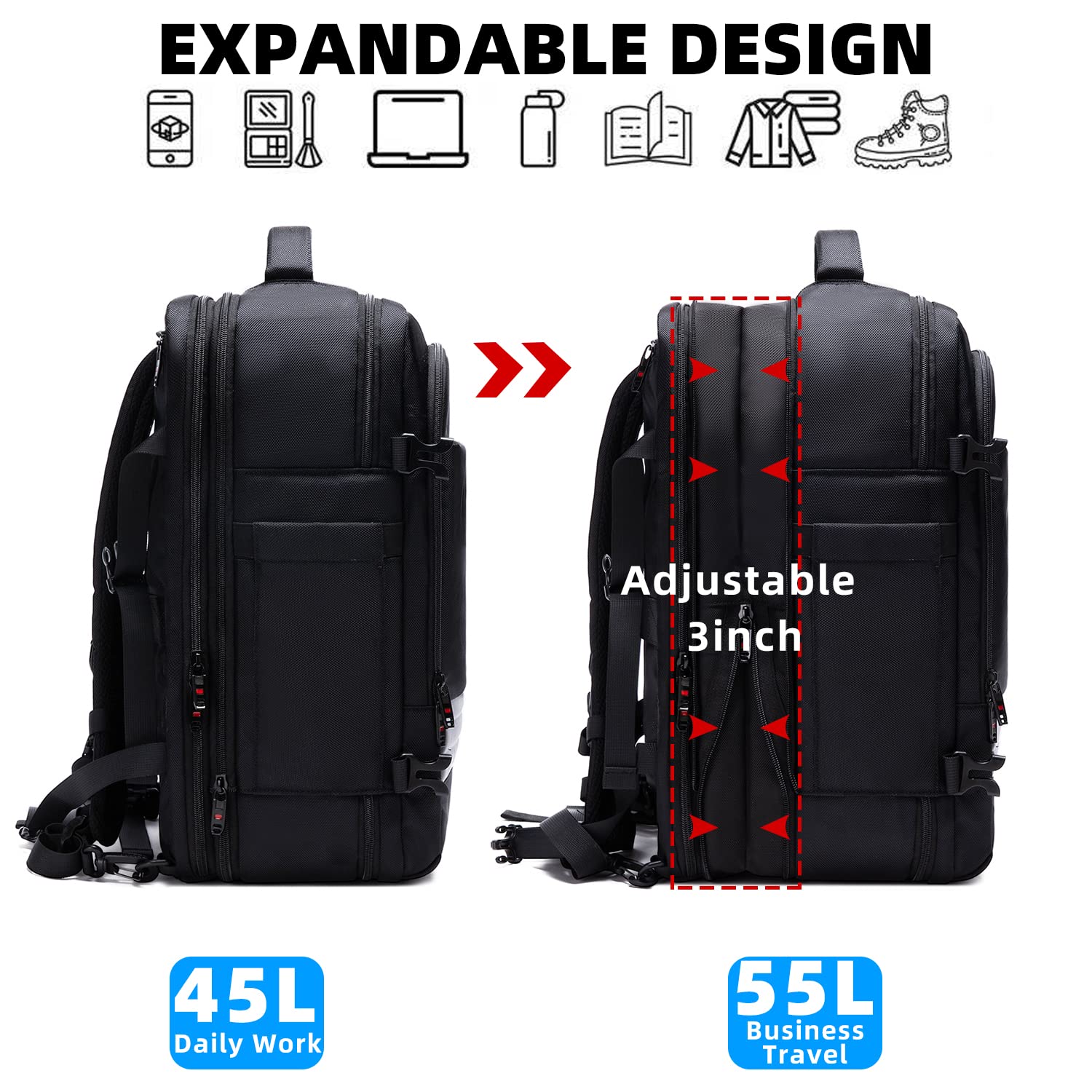 Asenlin Travel Backpack for Women Men,40L-55L Expandable Carry on Backpack,17 Inch Water Resistant Laptop Backpack for Weekender Overnight Extre Large Backpack-Black