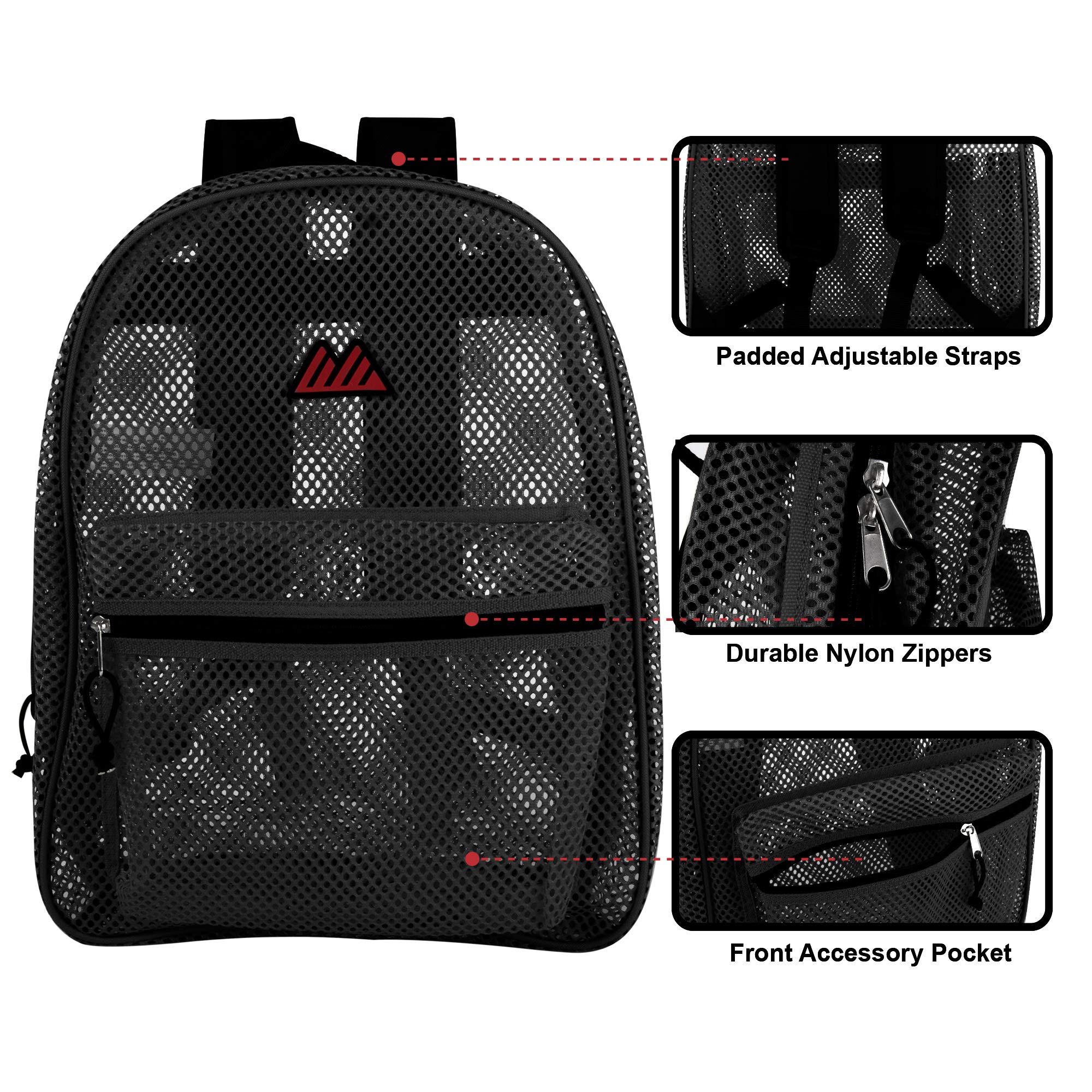 Summit Ridge Mesh Backpacks for Kids, Adults, School, Beach, and Travel, Colorful Transparent Mesh Backpacks with Padded Straps (Black) Large