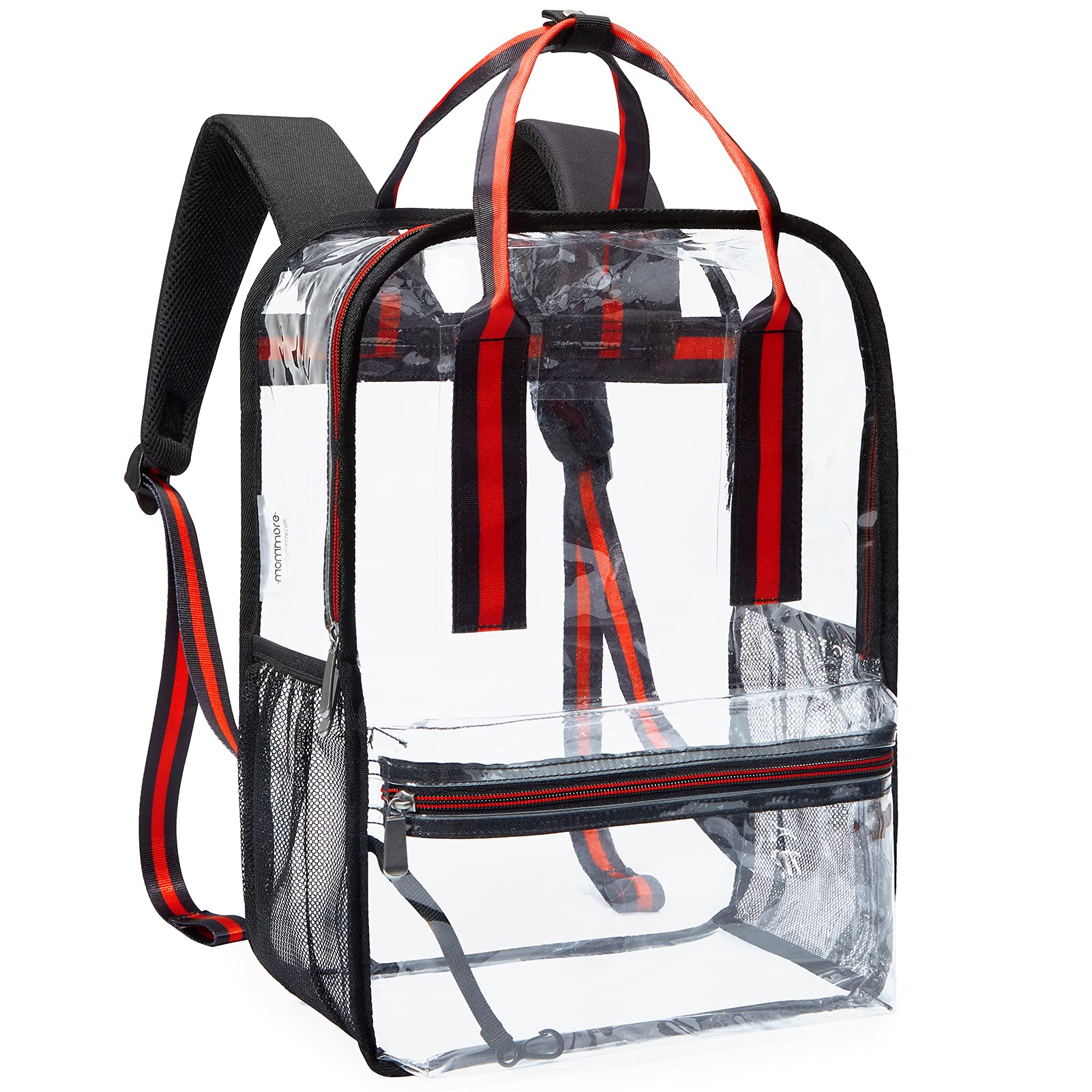 mommore Heavy Duty Clear Backpack Durable See Through Bookbags for School, Work (Red Black, Large)