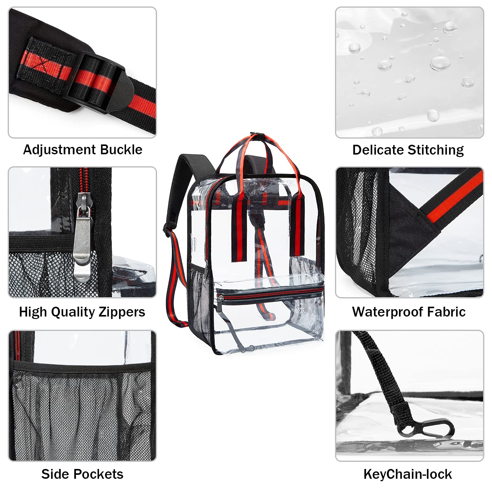 mommore Heavy Duty Clear Backpack Durable See Through Bookbags for School, Work (Red Black, Large)