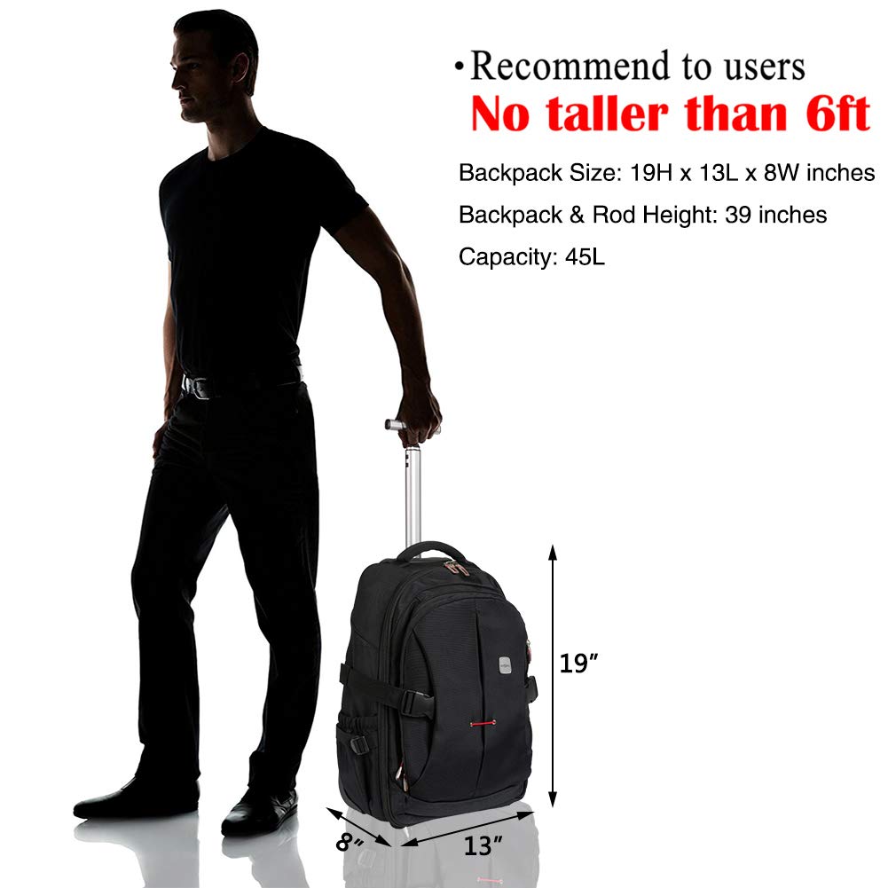 SKYMOVE 19 inches Wheeled Rolling Backpack for Adults and School Students Laptop Books Travel Backpack Bag, Black