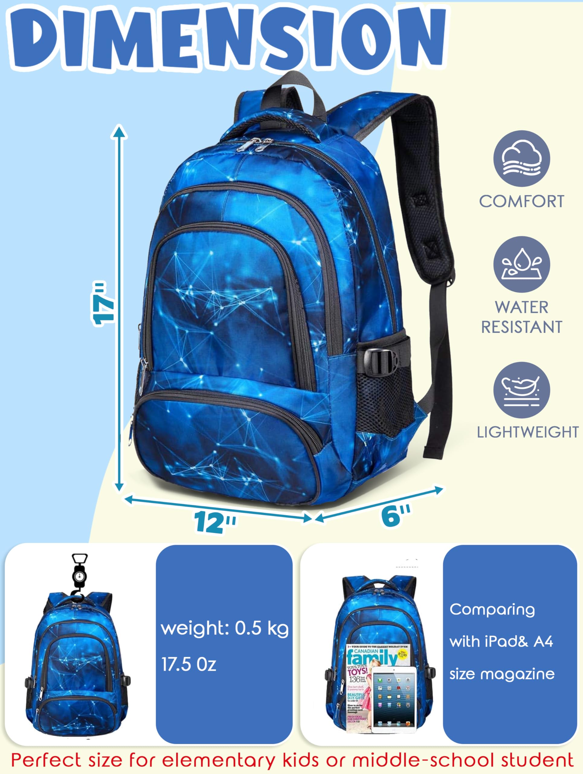 BLUEFAIRY Boys Backpack for Kids Elementary School Bags Kindergarten Middle School Bookbags Lightweight Durable Girls Gift (Stars,Blue)
