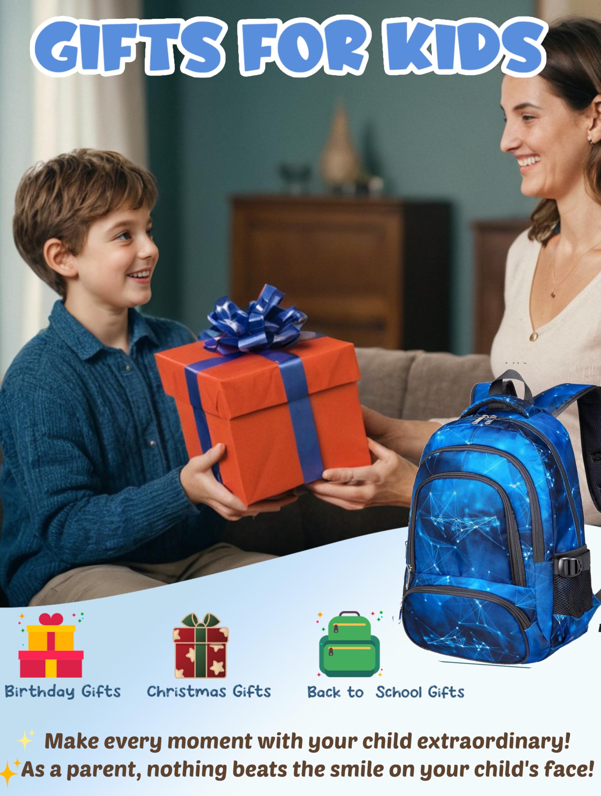 BLUEFAIRY Boys Backpack for Kids Elementary School Bags Kindergarten Middle School Bookbags Lightweight Durable Girls Gift (Stars,Blue)