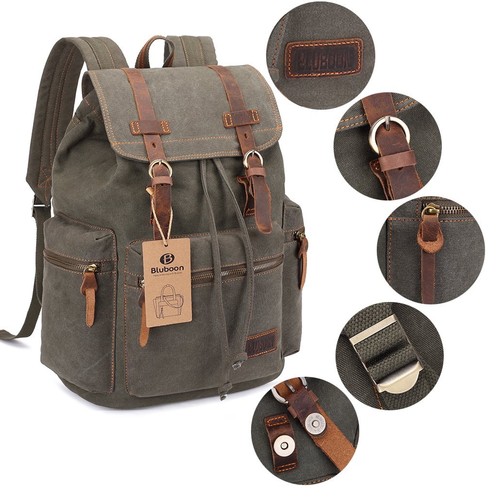 Bluboon Canvas Vintage Backpack Leather Casual Bookbag Men Rucksack (Green)