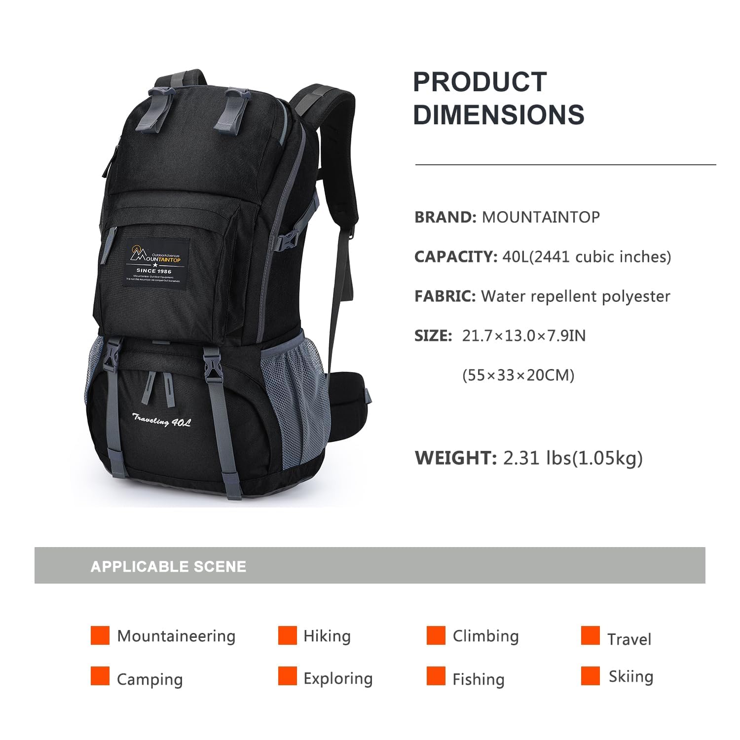 MOUNTAINTOP 40L Hiking Backpack for Women & Men Outdoor Travel Camping Day Pack with Rain Cover, 21.7 x 13 x 7.9 in, Black
