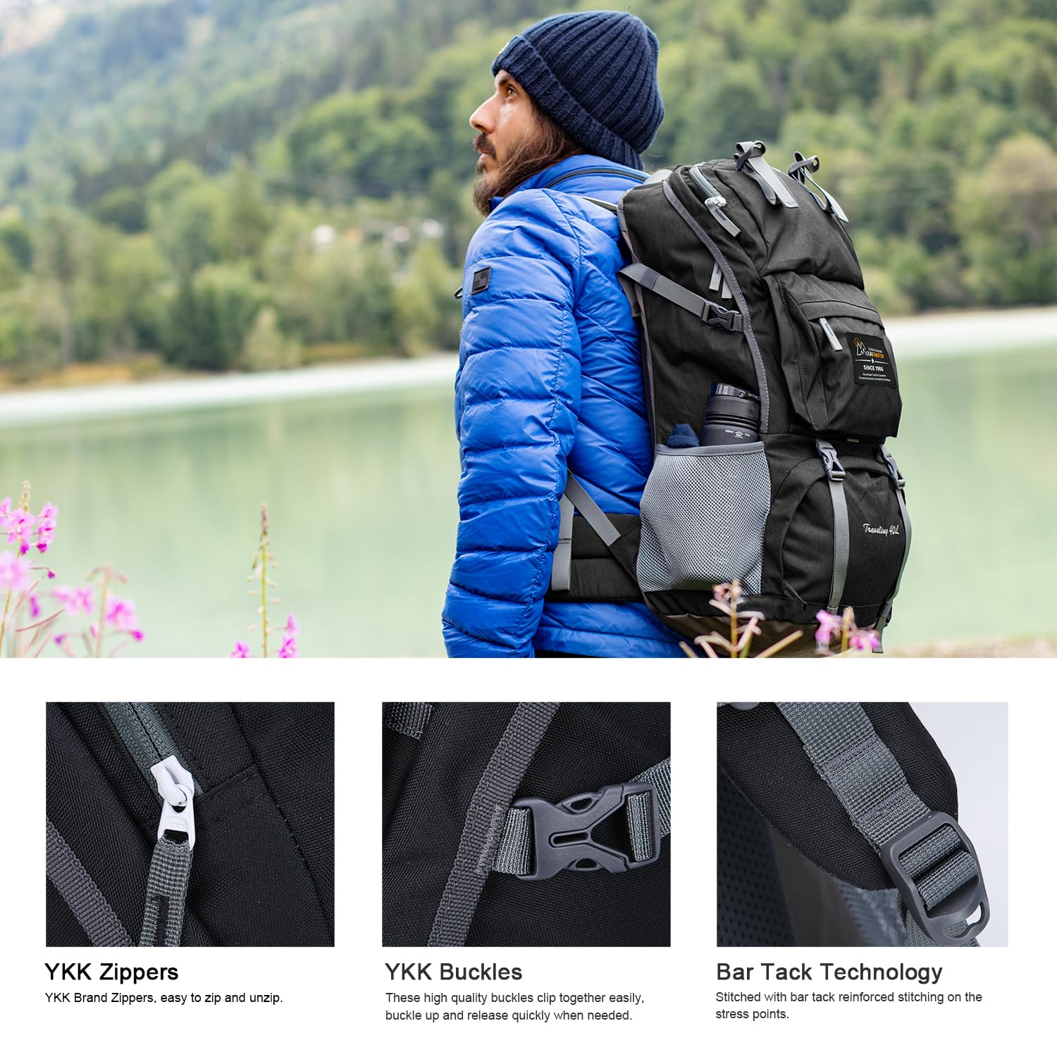 MOUNTAINTOP 40L Hiking Backpack for Women & Men Outdoor Travel Camping Day Pack with Rain Cover, 21.7 x 13 x 7.9 in, Black